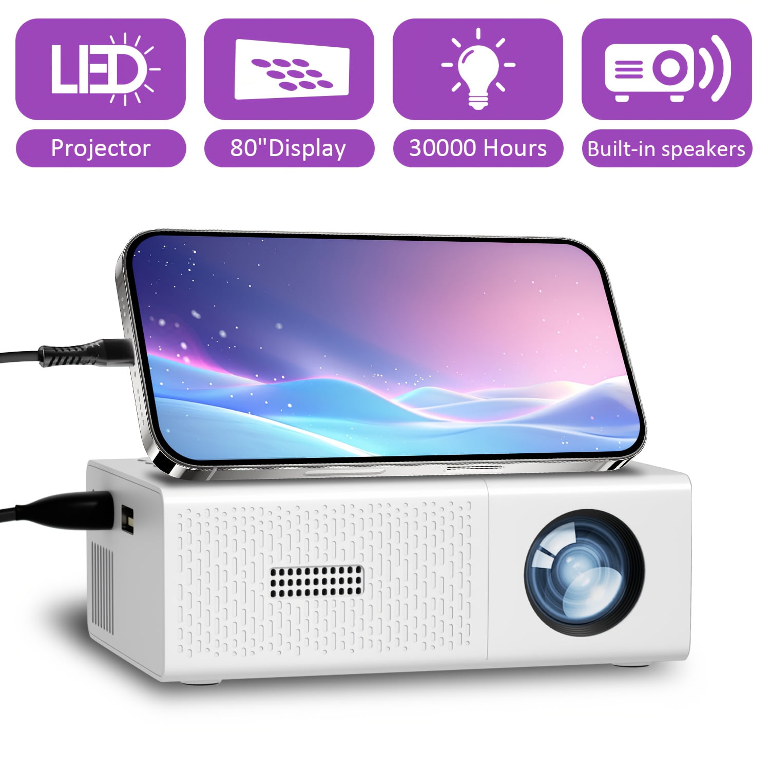 Portable 3000 Lumens Home Theater Projector with 3D & 80" Display ...
