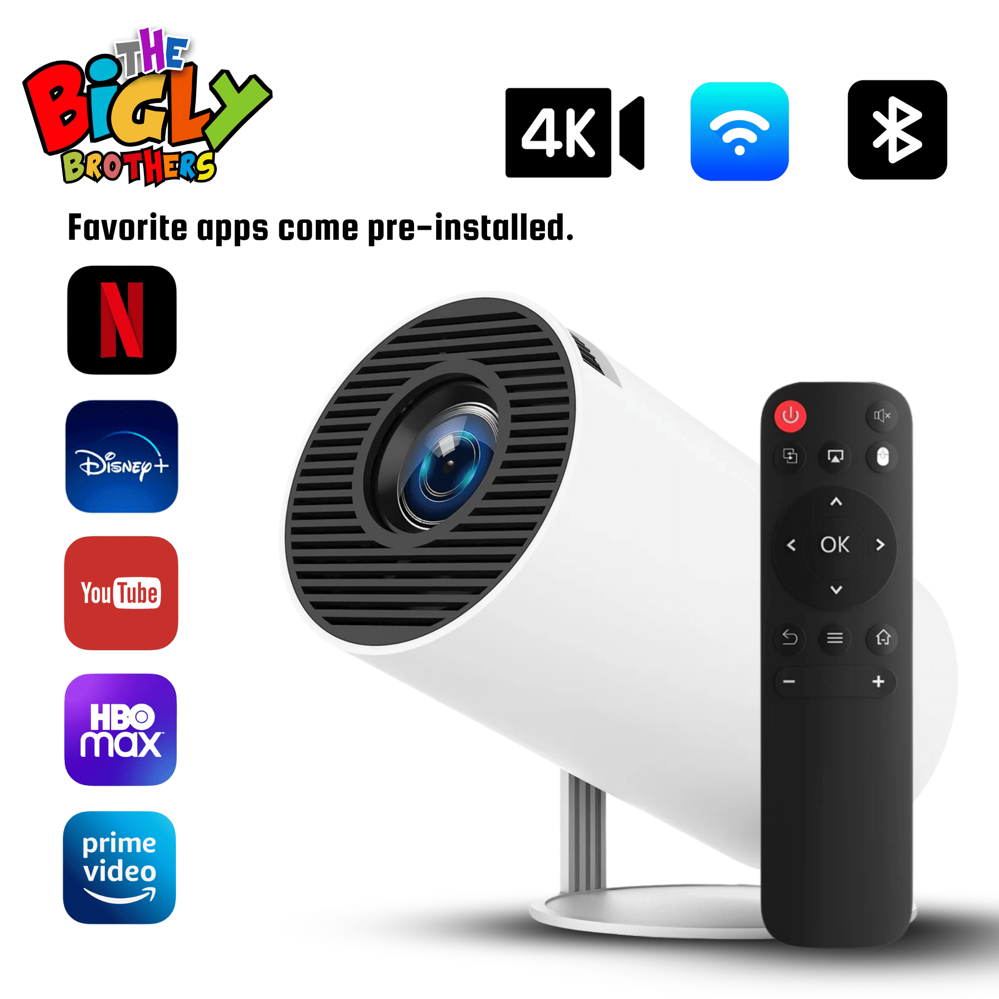 The Bigly Brothers Portable 4K Mini Projector with Wi-Fi, Bluetooth ...