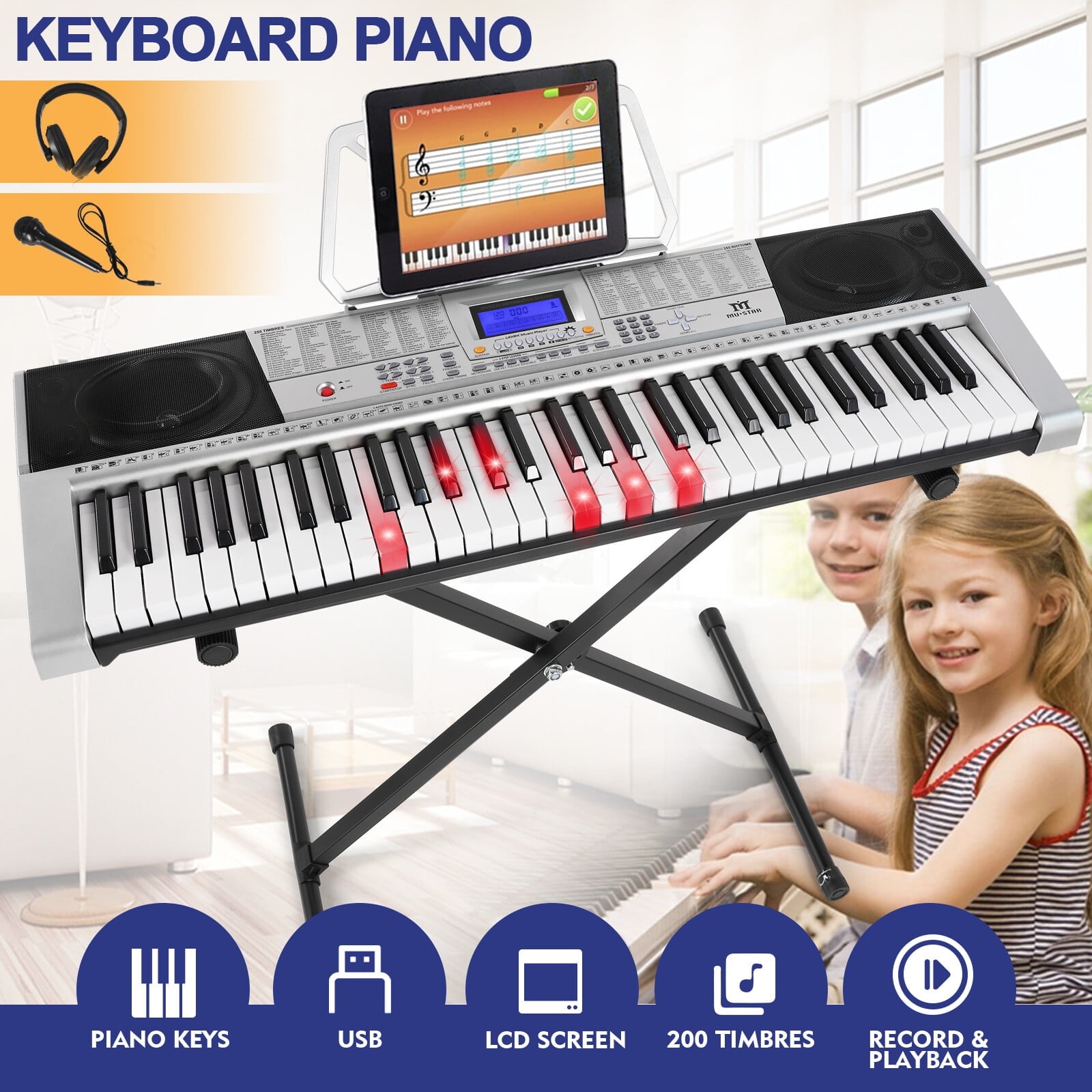 Portable 61 Keys Electric Piano Keyboards with Lighted Up Keys,LCD ...