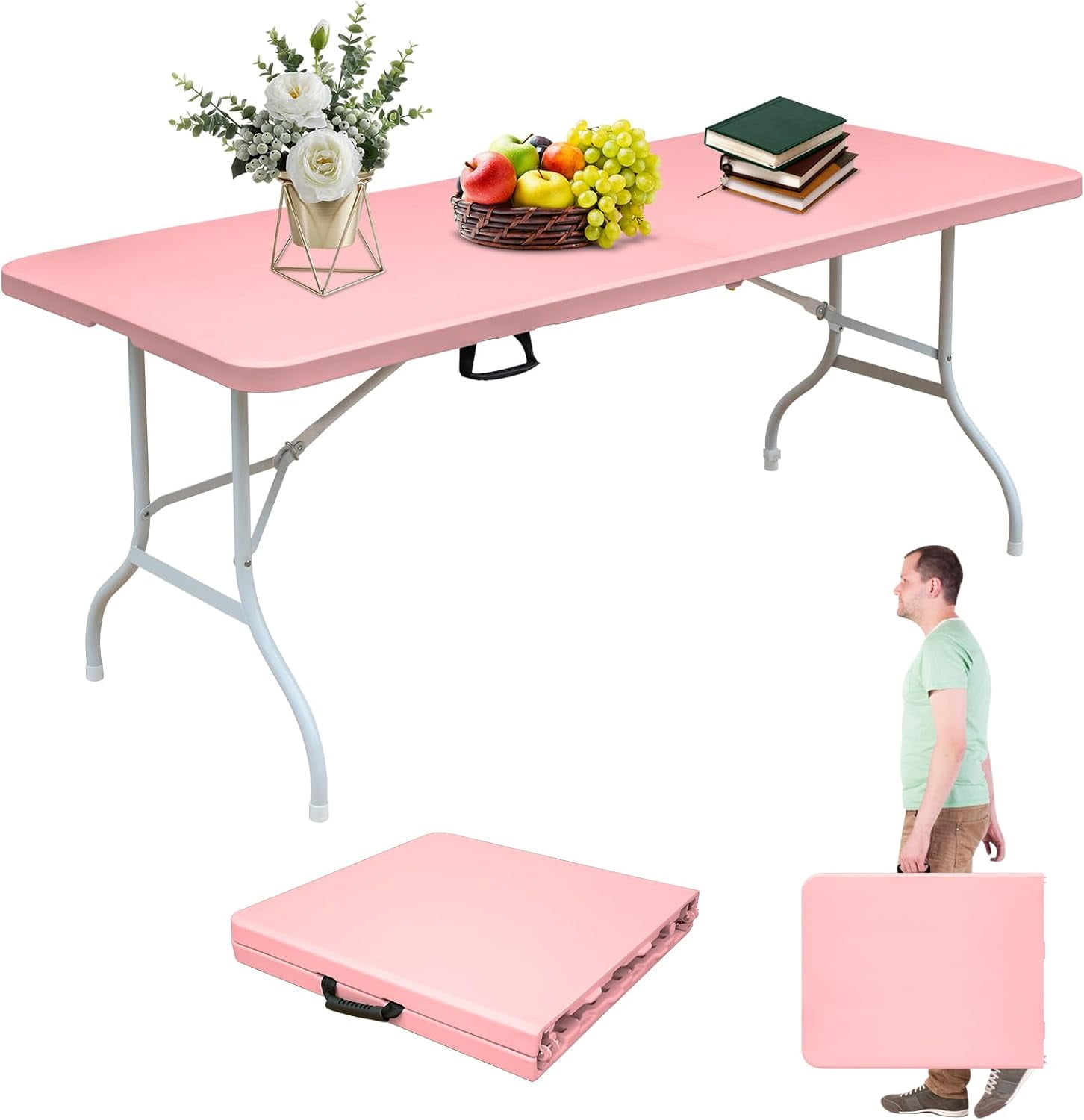 Portable 6Ft Folding Table, Heavy Duty Plastic Fold-in-Half Utility ...