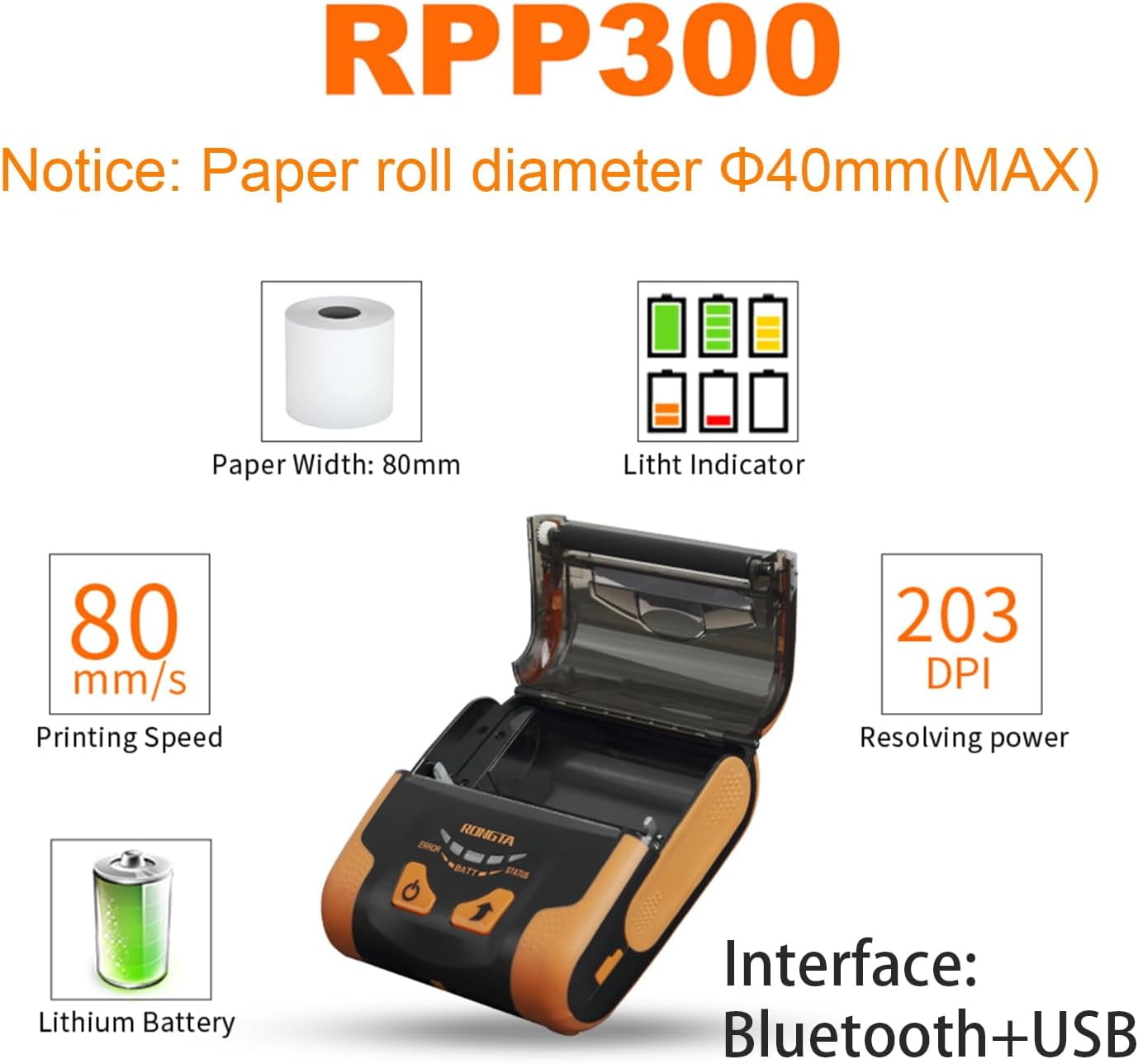 Portable 80mm POS Printer, Mobile Thermal Receipts Printer, USB ...