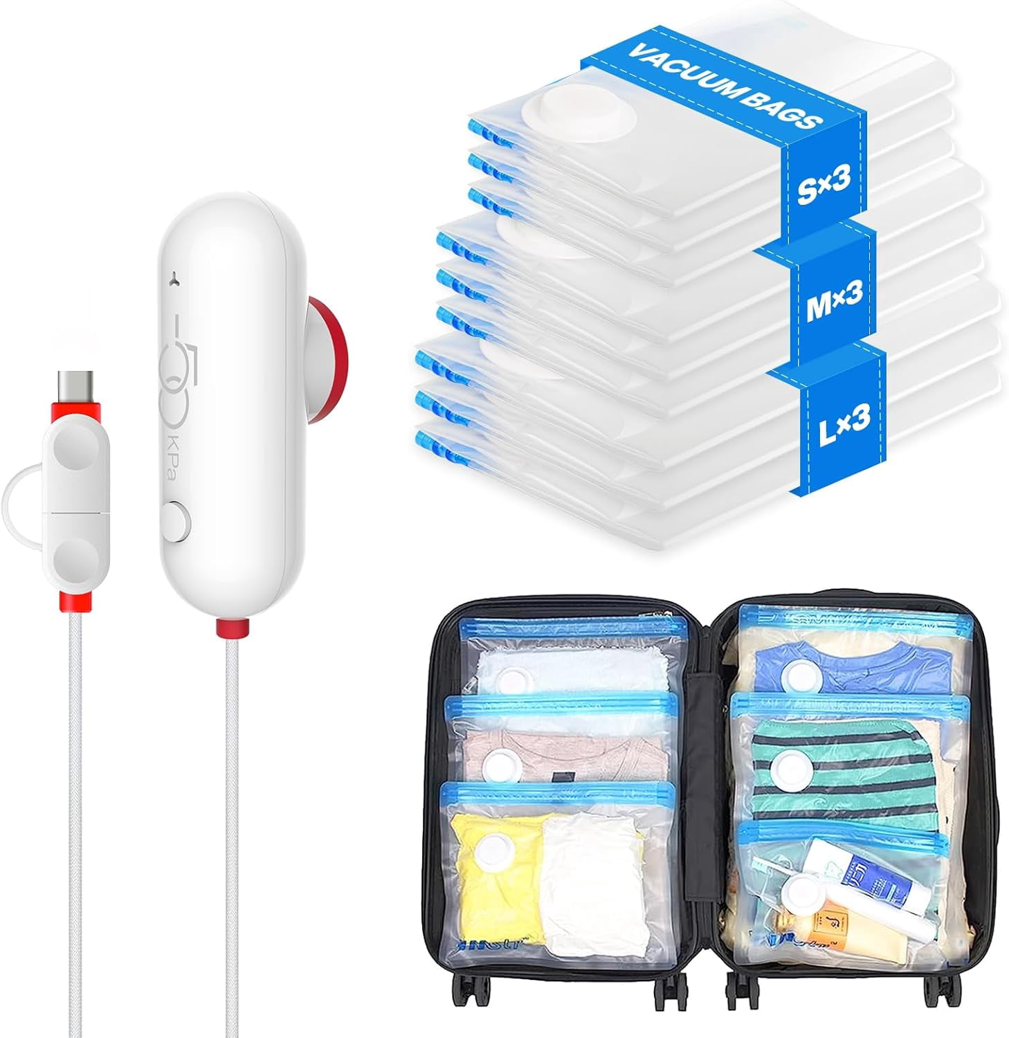 Portable 9PCS Vacuum Storage Bags with USB Pump — Reusable Space Saver ...