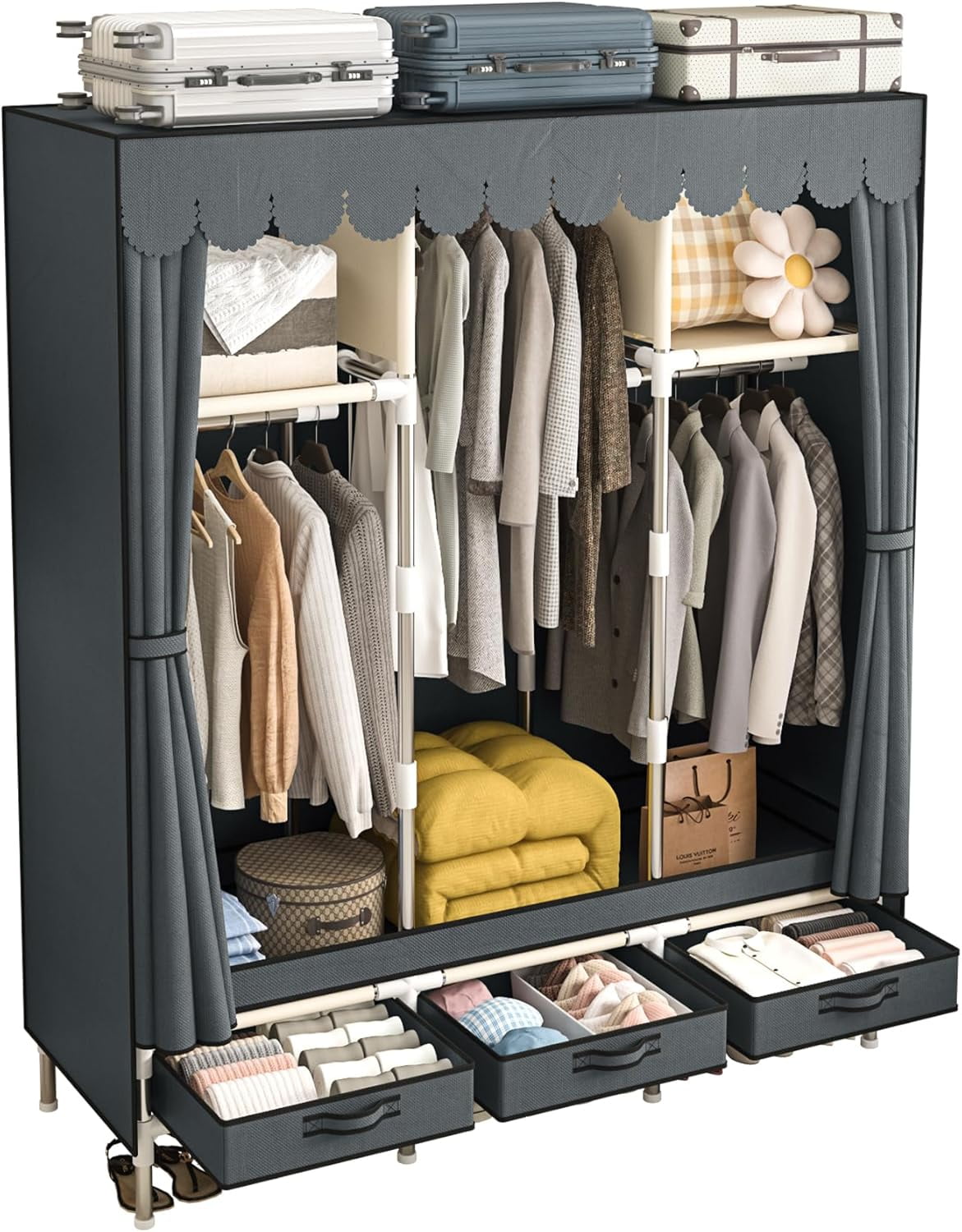 Portable Armoire Wardrobe Closet with 3 Drawers and 3 Hanging Rods ...