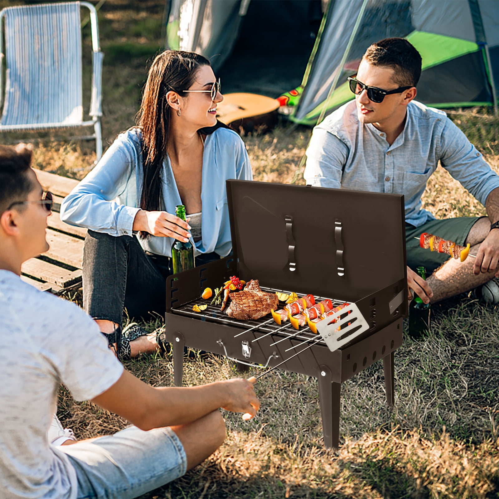 Portable Square BBQ Charcoal Grill for Patio, 44x27x22cm Foldable BBQ ...