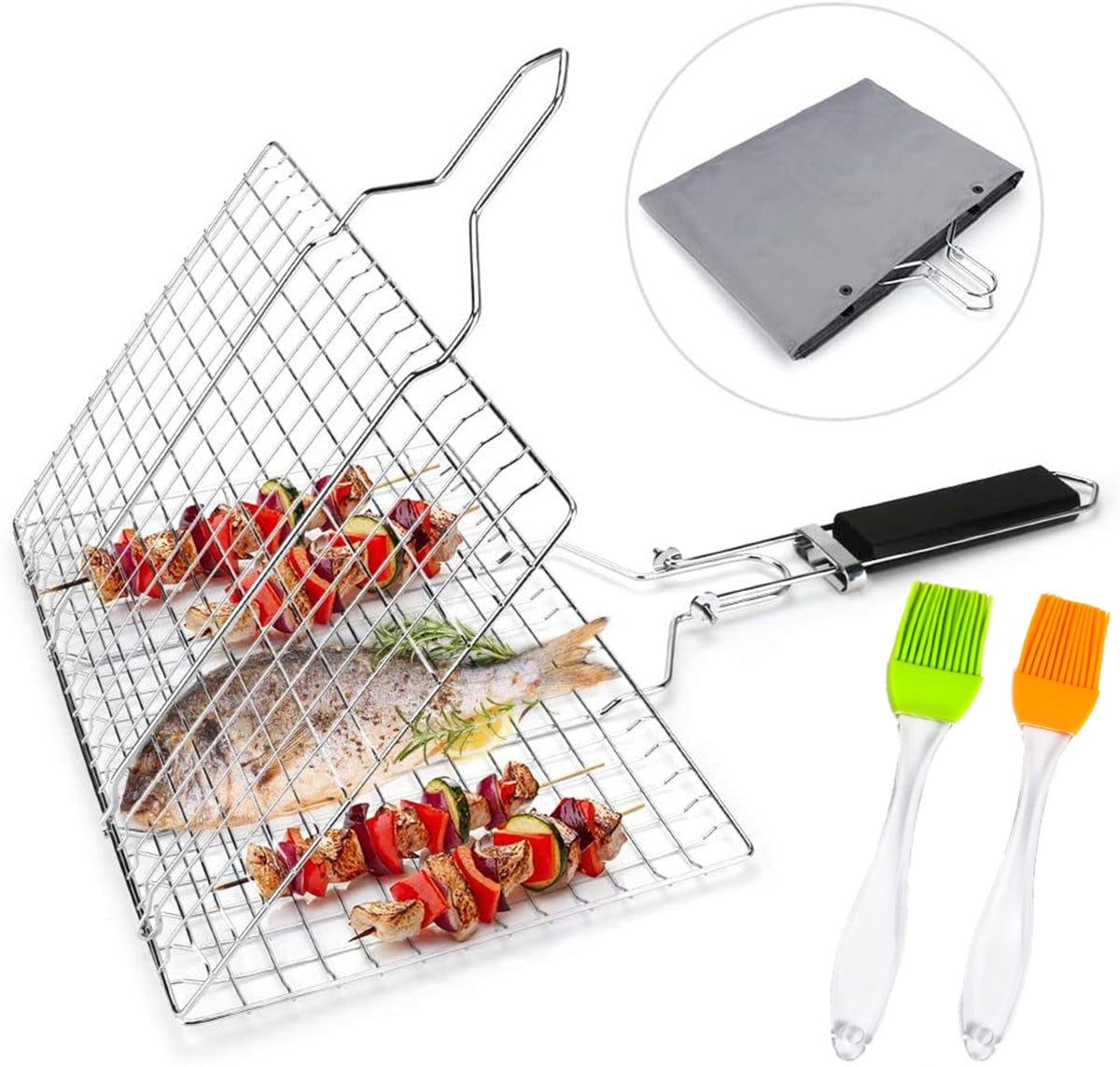 Portable BBQ Grill Mesh with Removable Wood Handle, Folding Grilling ...