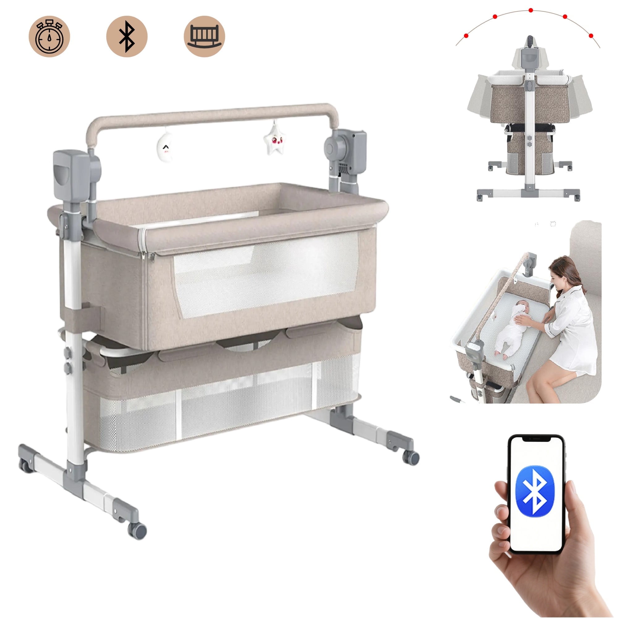 Portable Baby Bassinet Bedside Sleeper with Wheels,Storage,Height ...