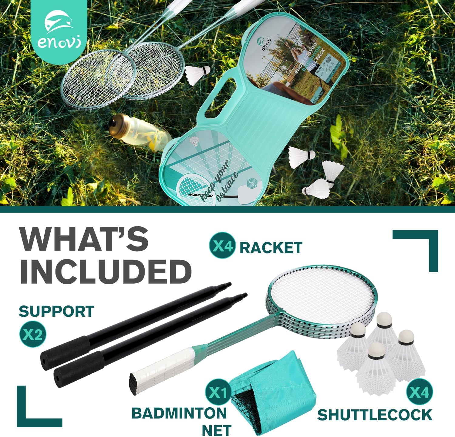 EasyGo Badminton Set with Net, 4 Rackets, 4 Birdies, Portable Storage ...