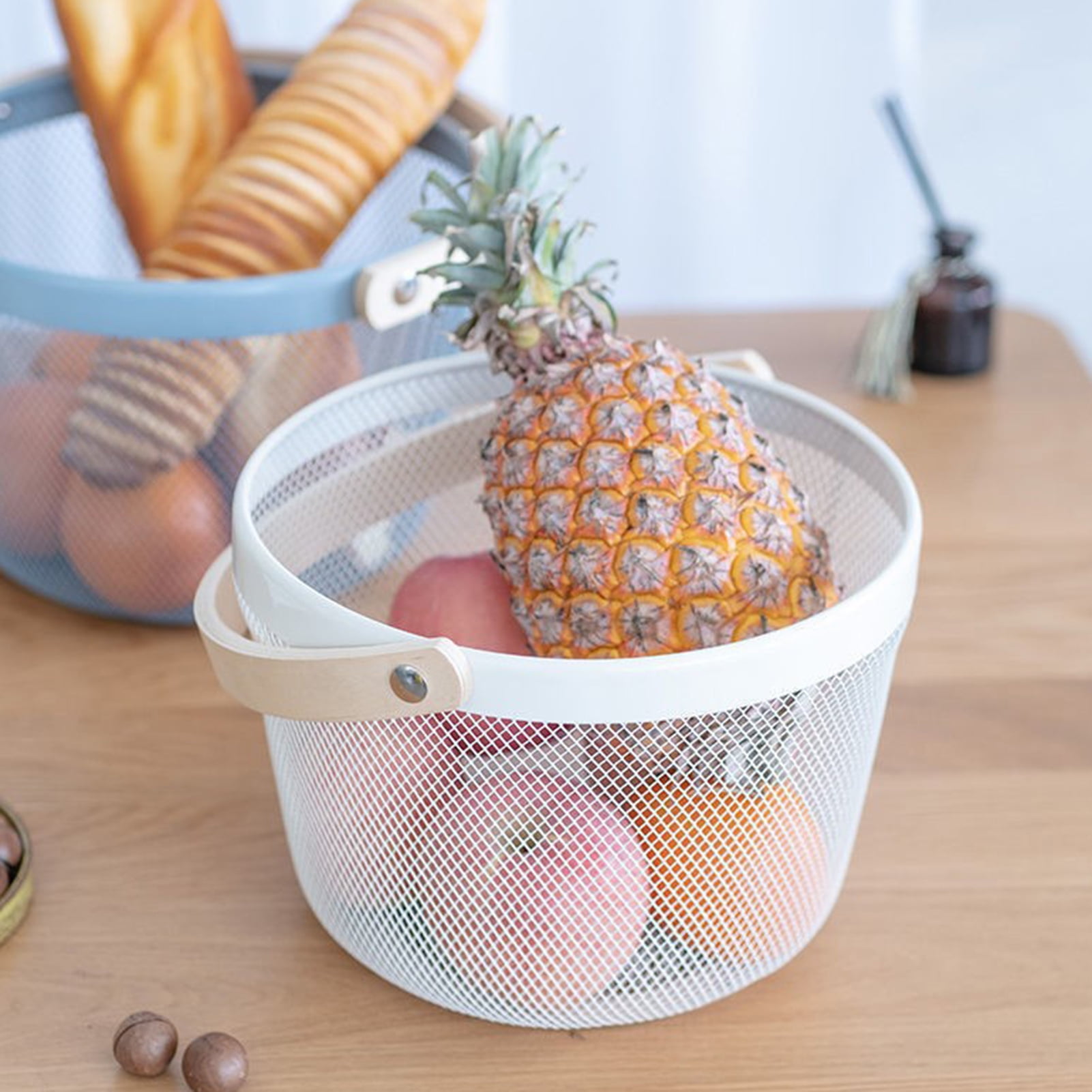 Portable Basket with Handle Hollow Out Sturdy Wire Mesh Round Shape ...