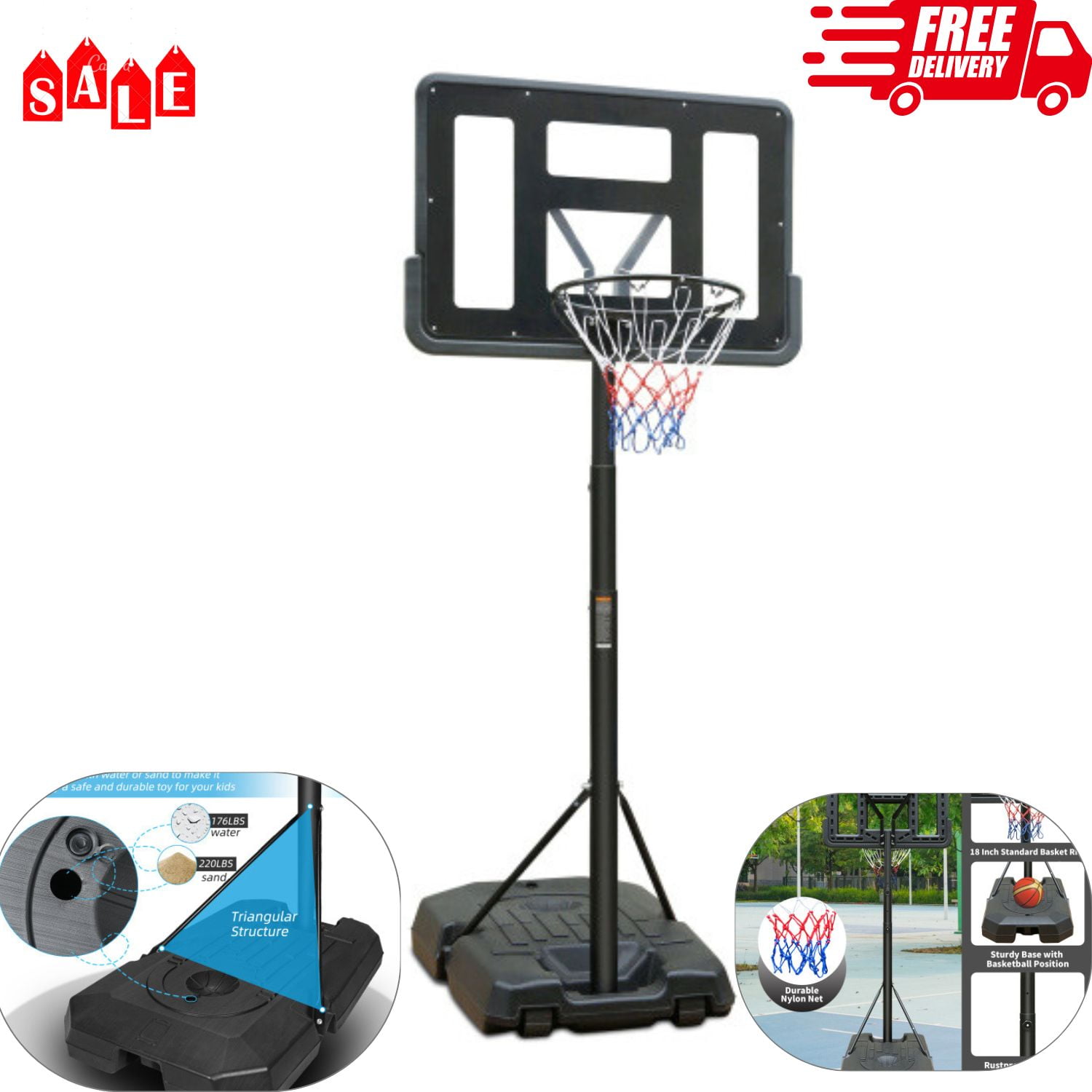 Portable Basketball Hoop, Height Adjustable Basketball Hoop Stand 6.6ft ...
