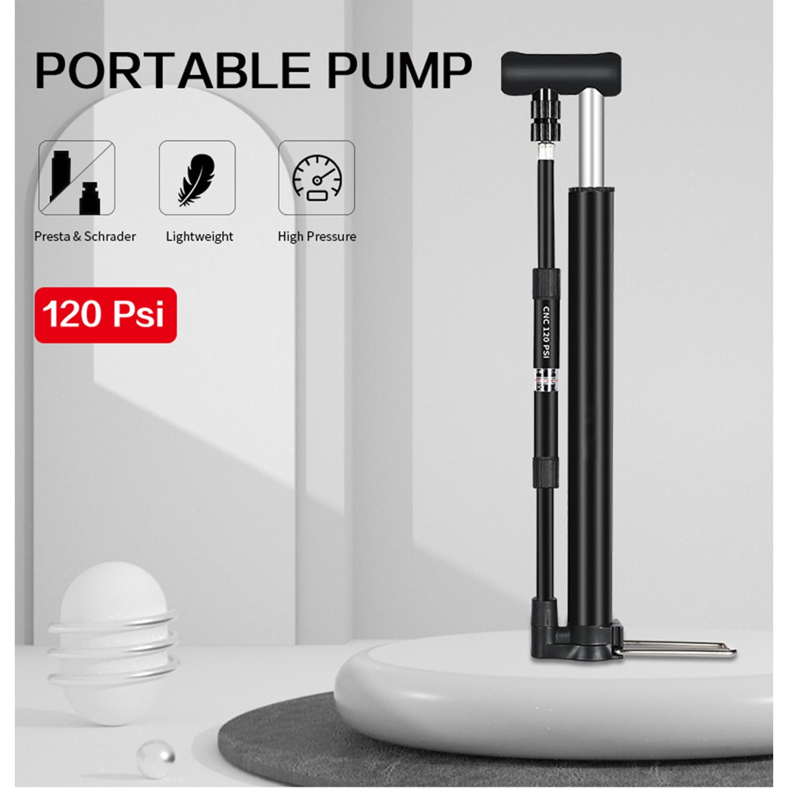 Portable Bike Pump - 120PSI High Pressure Aluminum Frame Pump with ...
