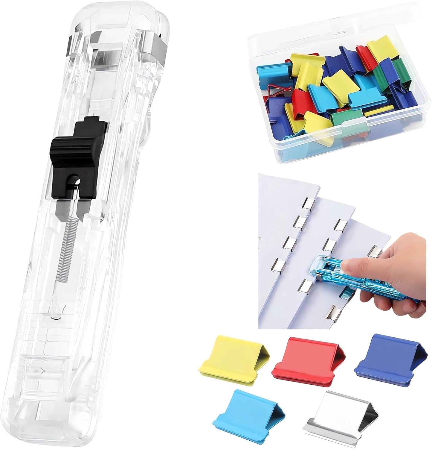 Portable Binder Clip Stapler - Includes 50 Reusable Clips Desktop Push ...
