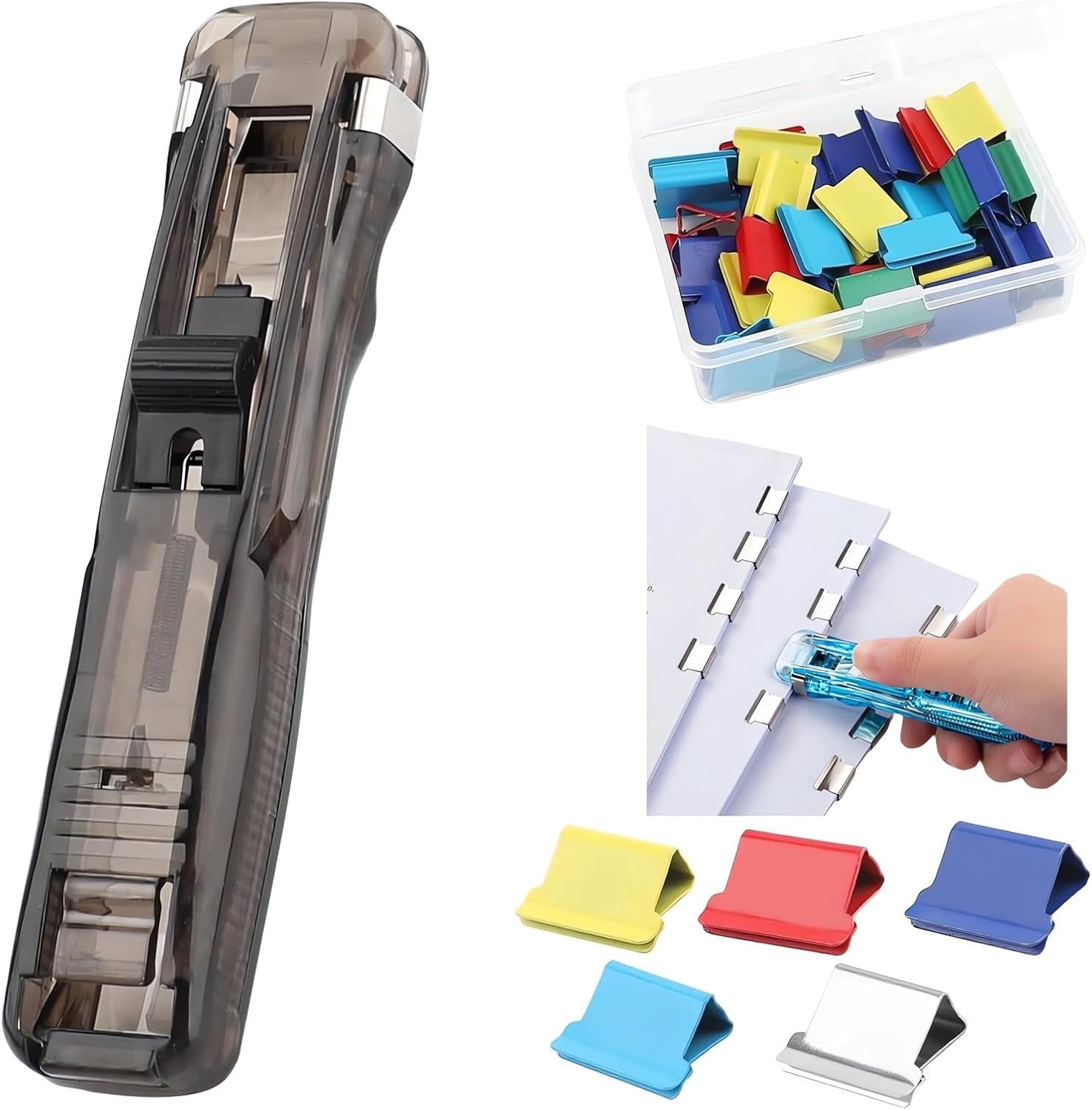 Portable Binder Clip Stapler - Includes 50 Reusable Clips Desktop Push ...