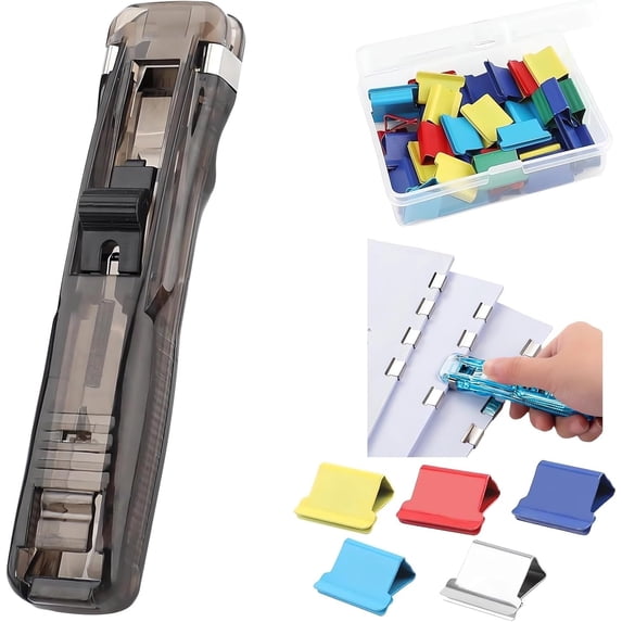Portable Binder Clip Stapler - Includes 50 Reusable Clips Desktop Push ...