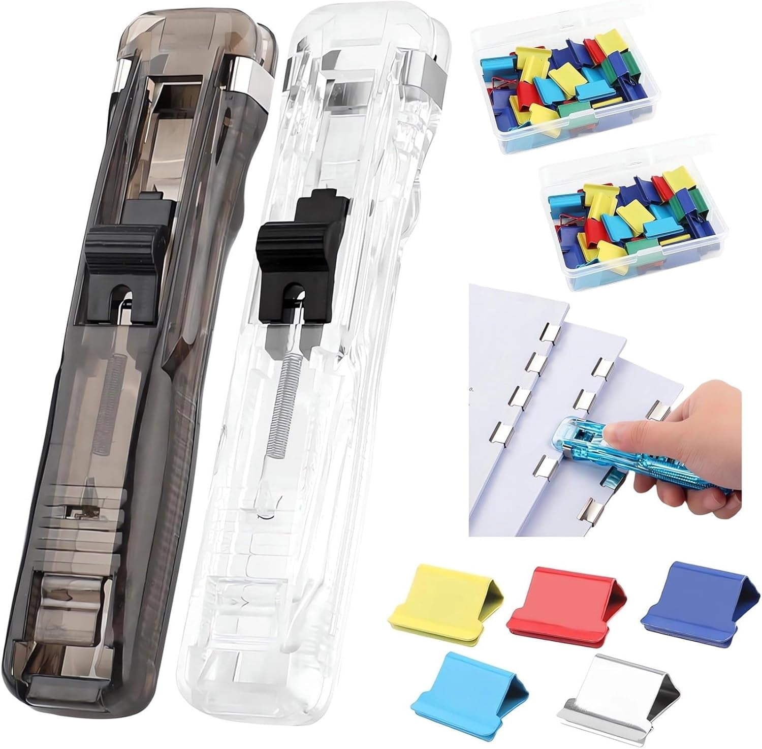 Portable Binder Clip Stapler - Includes 50 Reusable Clips Desktop Push ...