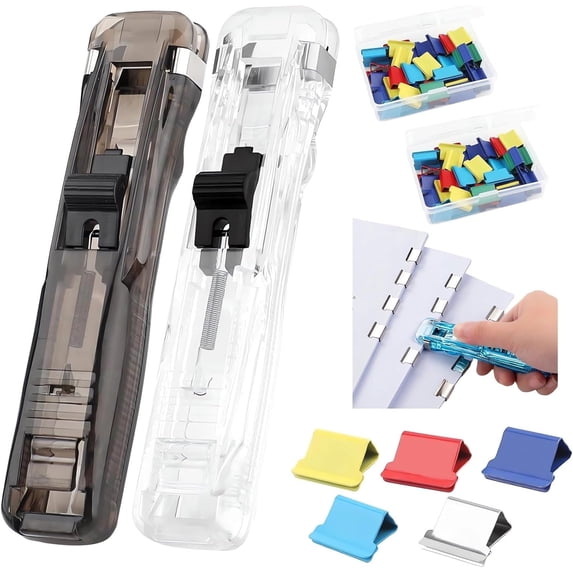 Portable Binder Clip Stapler - Includes 50 Reusable Clips Desktop Push ...