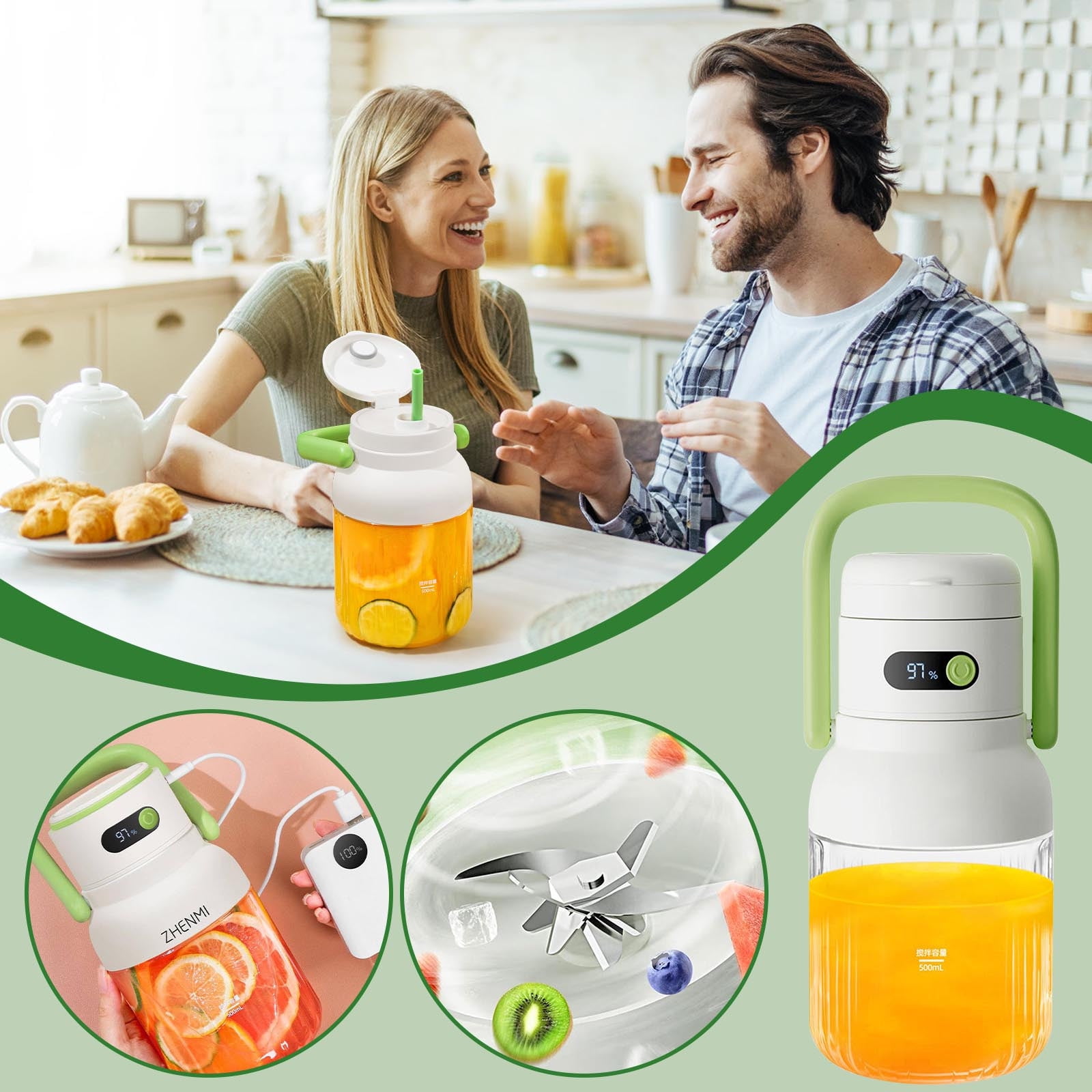 Portable Blender with 12 Stainless Steel Blades, 500ml USB Rechargeable ...