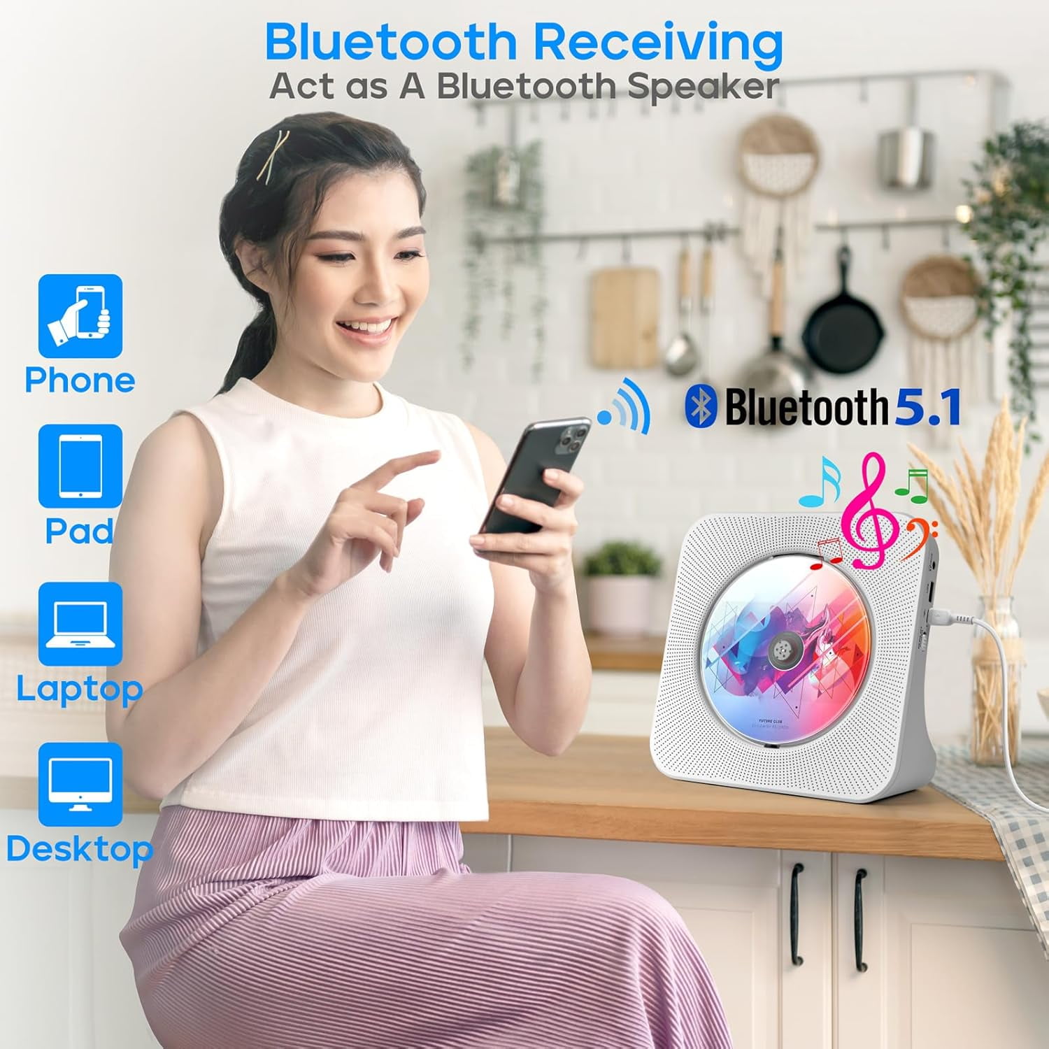 Portable Bluetooth CD Player with Stereo Speakers, Remote Control, FM ...