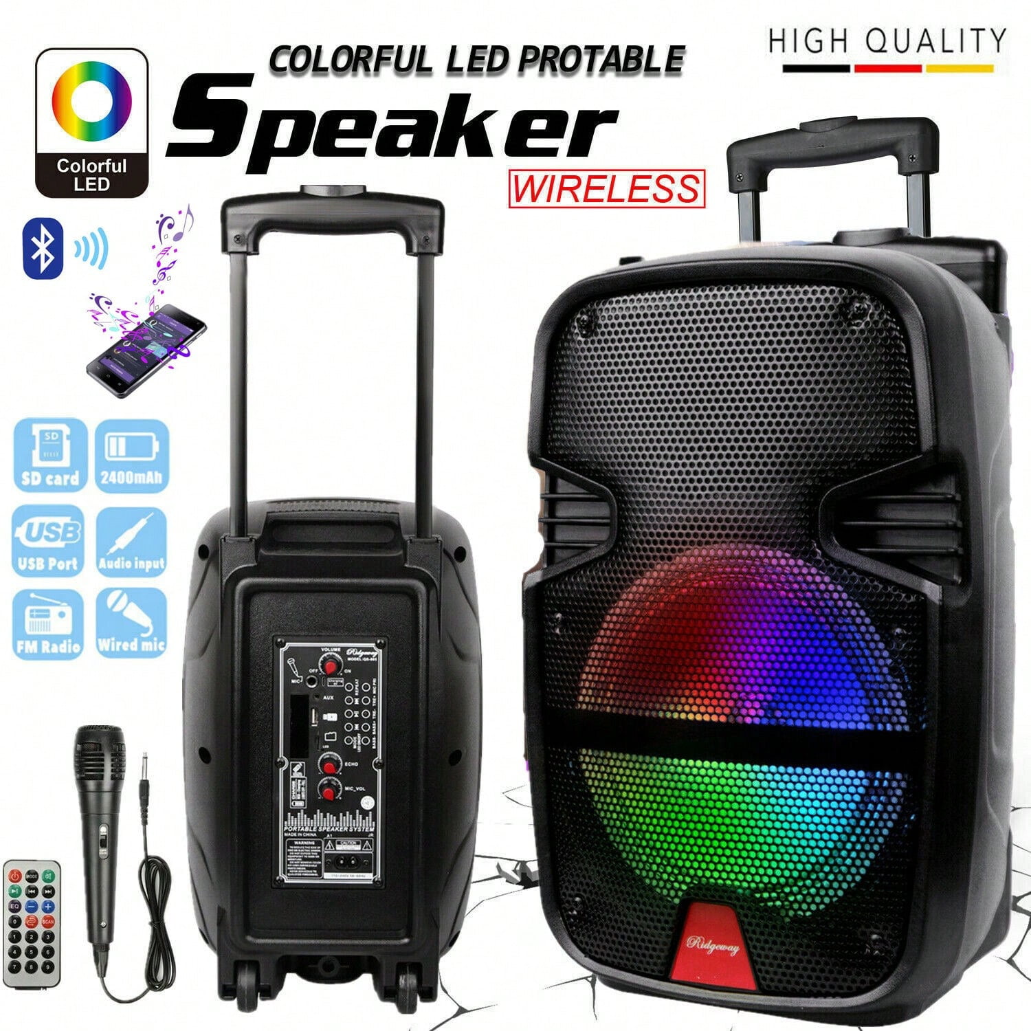 Portable Bluetooth Speaker With Microphone 8" Subwoofer Wireless Heavy Bass Sound System Party ...