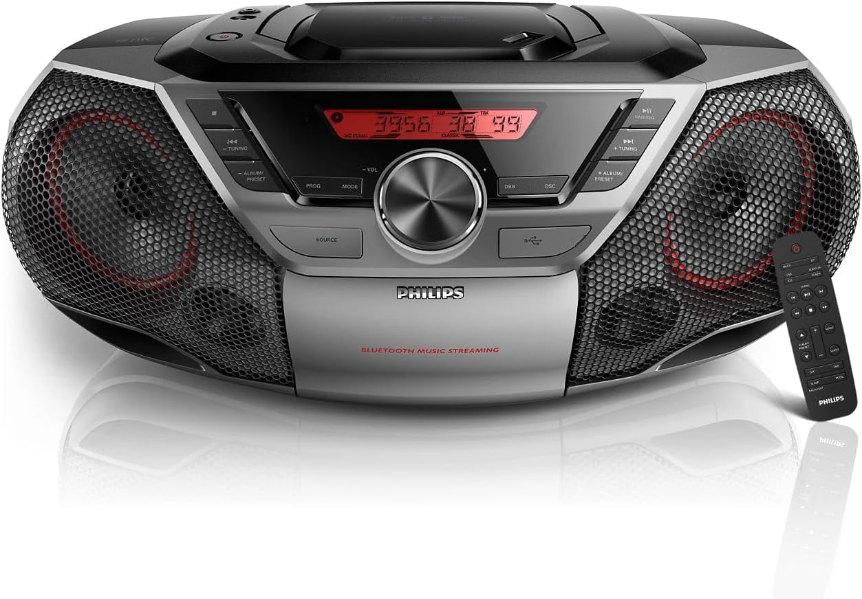 Portable Boombox CD Player Bluetooth FM Radio MP3 Mega Bass Reflex Stereo Sound System with NFC ...