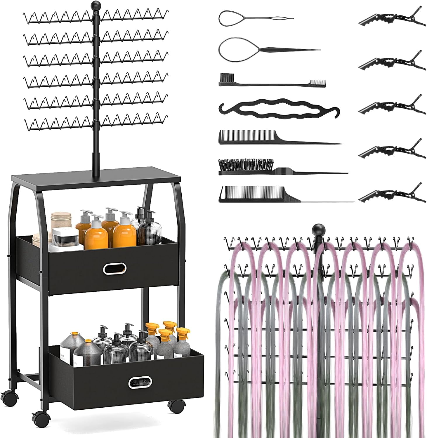 Portable Braiding Hair Rack With Wheels & Storage Drawers,168 Pegs Hair ...