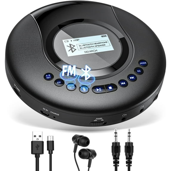 Portable CD Player Bluetooth with FM Radio, 2000mAh Rechargeable CD ...