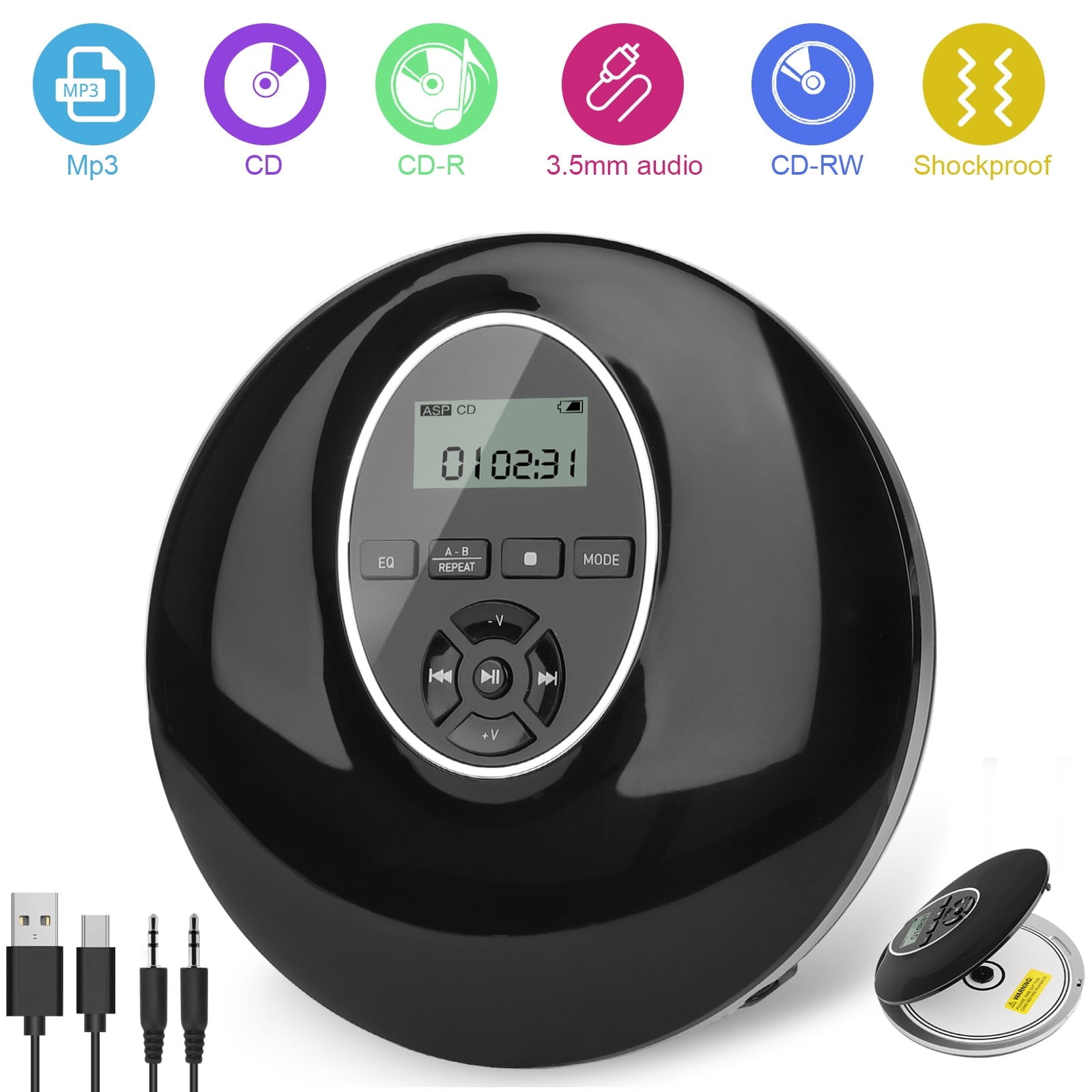 Portable CD Player, Personal Anti-Skip CD Walkman with LCD Display, TF ...