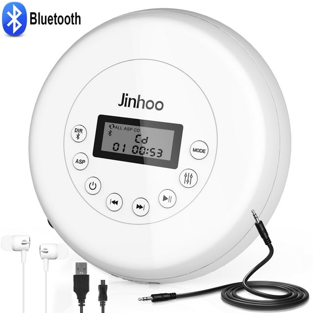 Compact Bluetooth CD Player, White, USB, LCD, Anti-Shock, Rechargeable ...