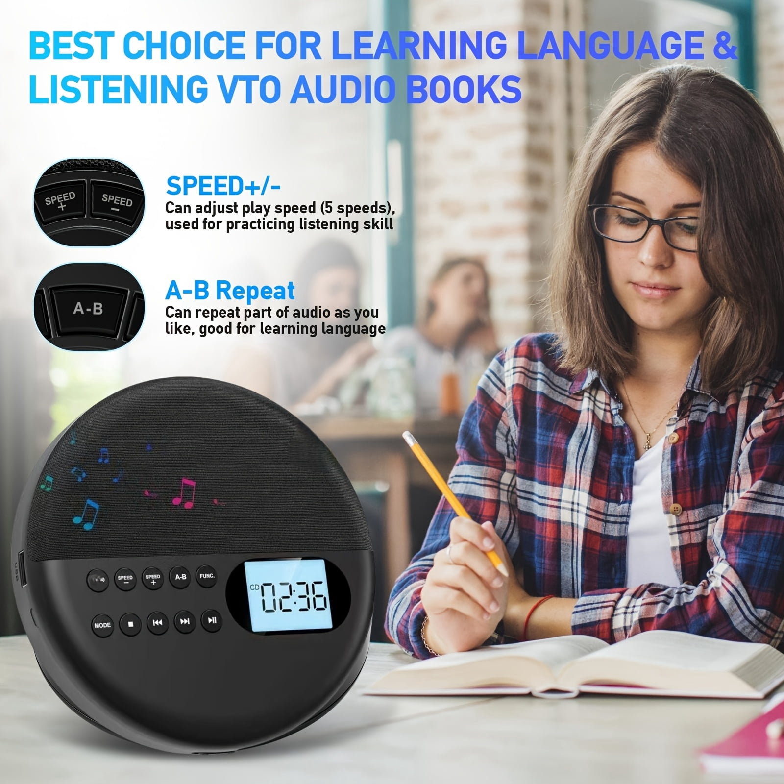 Portable CD player with dual stereo speakers, wireless connection, USB ...