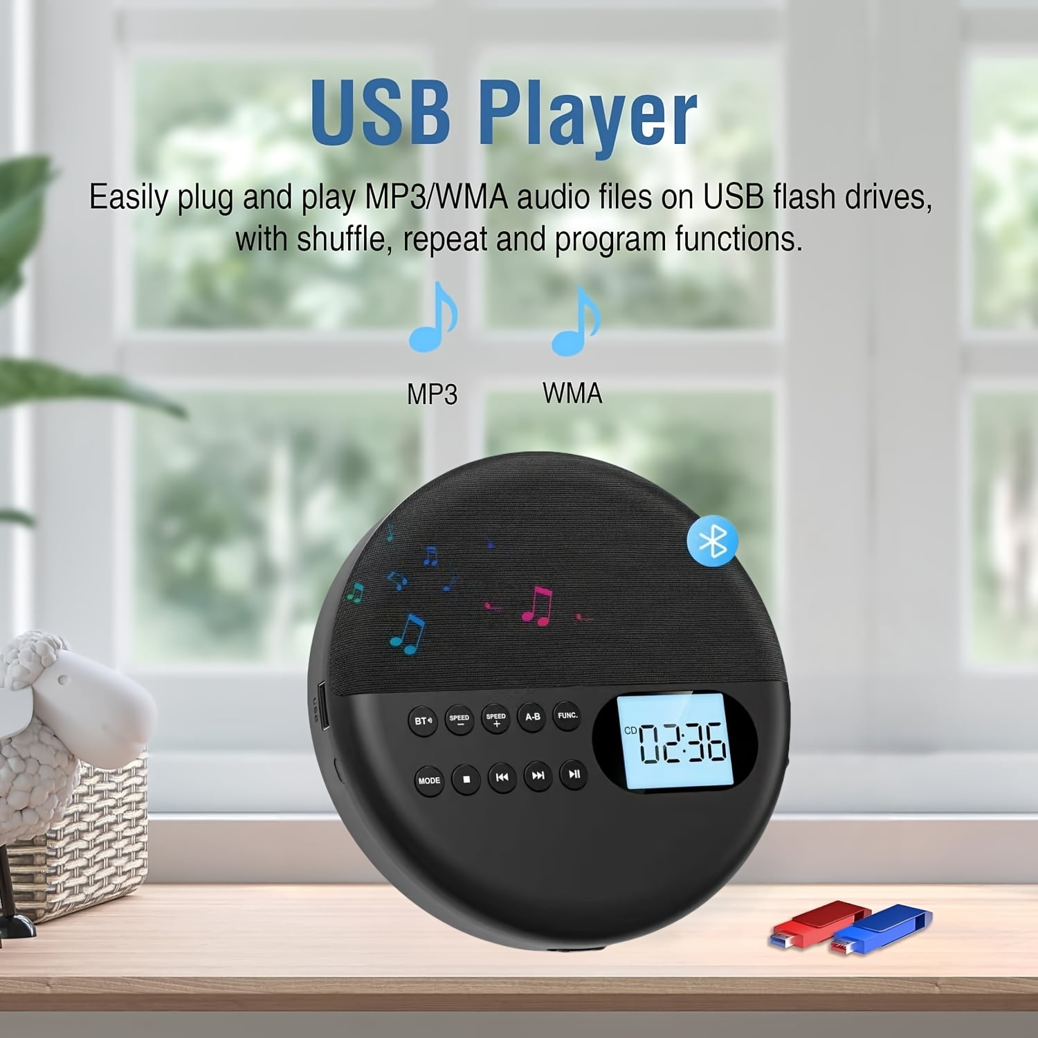Portable CD player with dual stereo speakers, wireless connection, USB ...