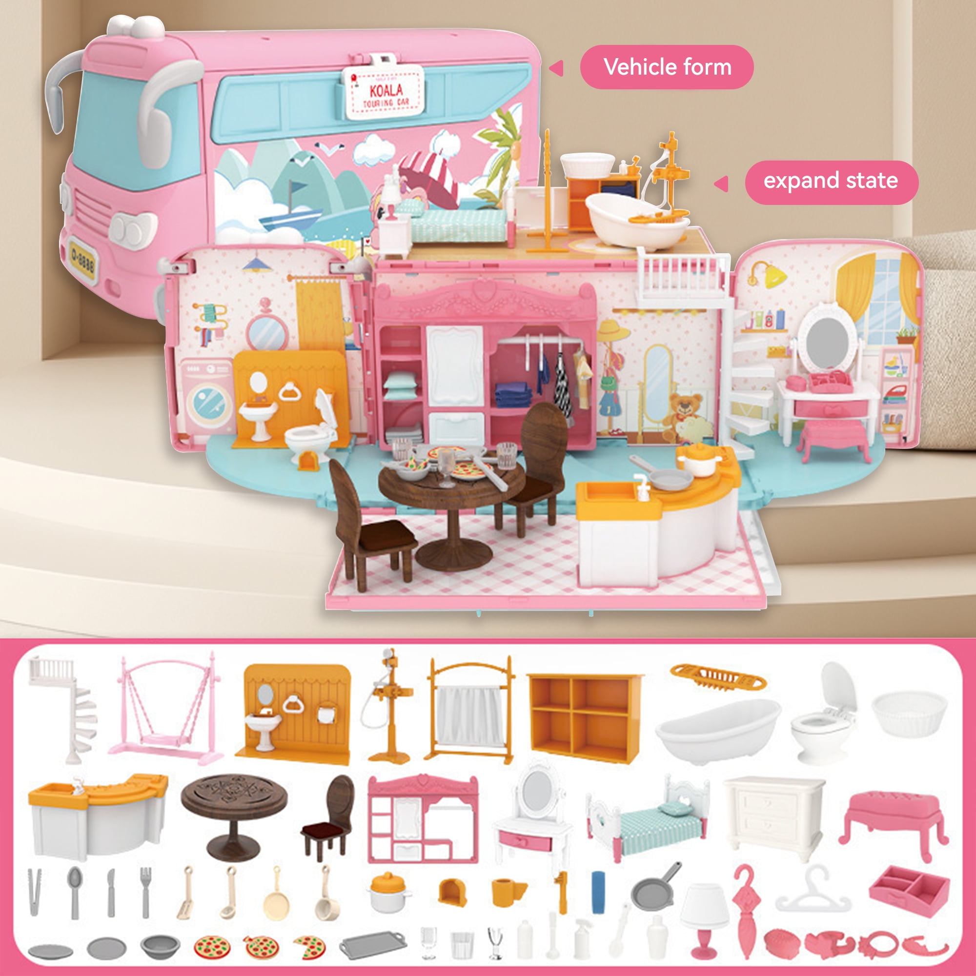 Portable Camping Car Toy Set with Vehicles, Animals, Mini Dollhouse ...