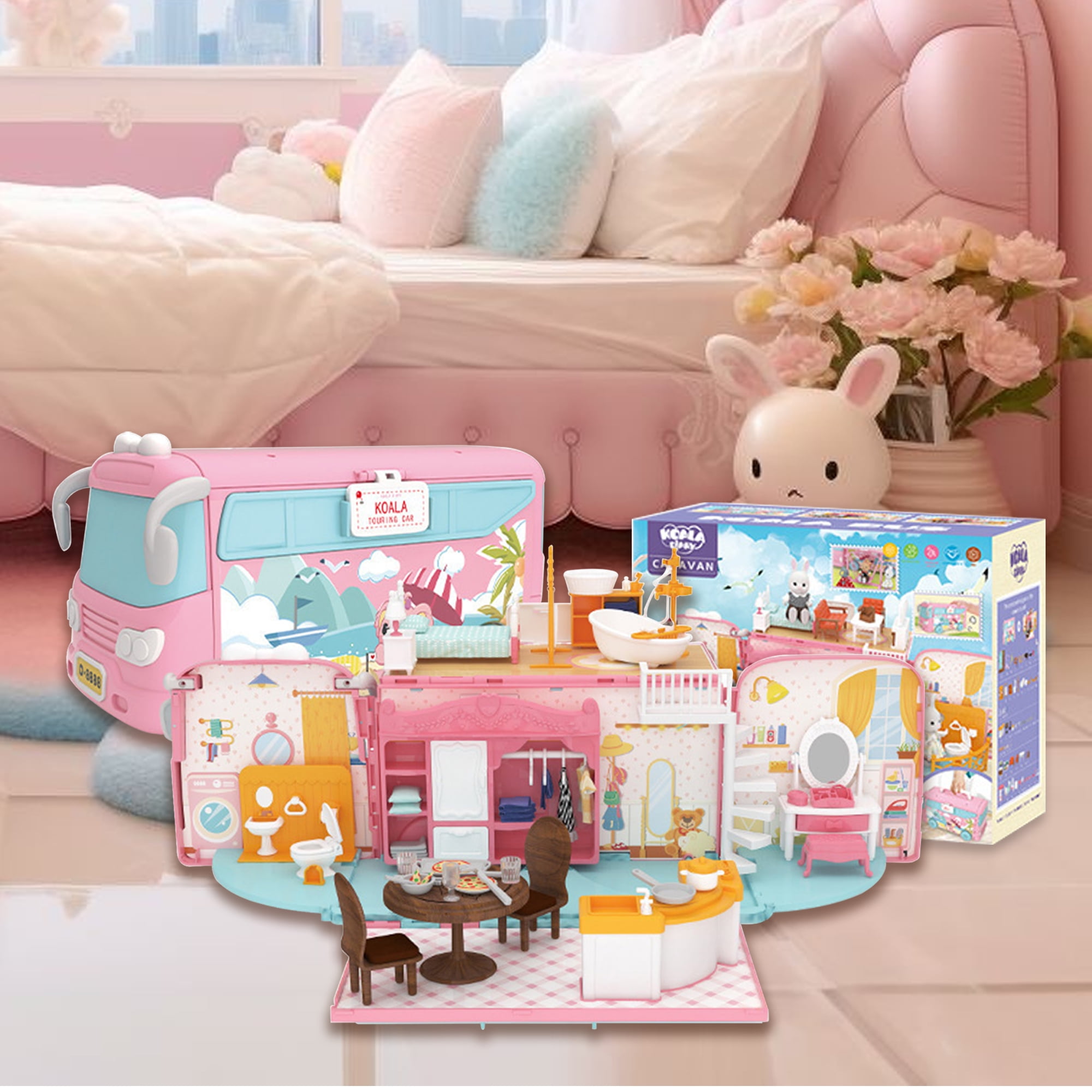 Portable Camping Car Toy Set with Vehicles, Animals, Mini Dollhouse ...