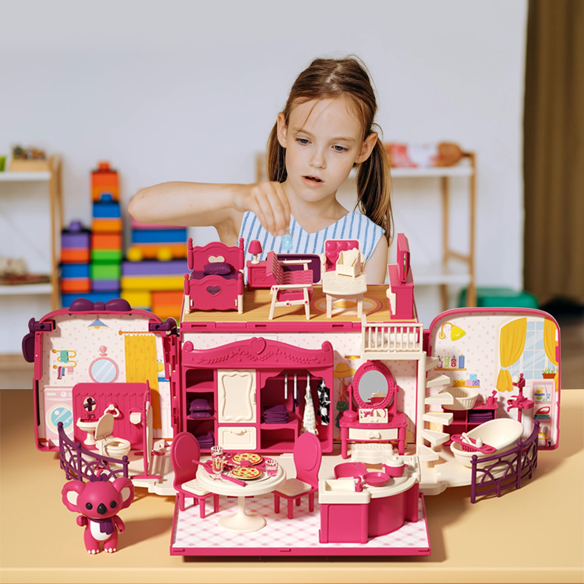 Portable Camping Car Toy Set with Vehicles, Animals, Mini Dollhouse ...