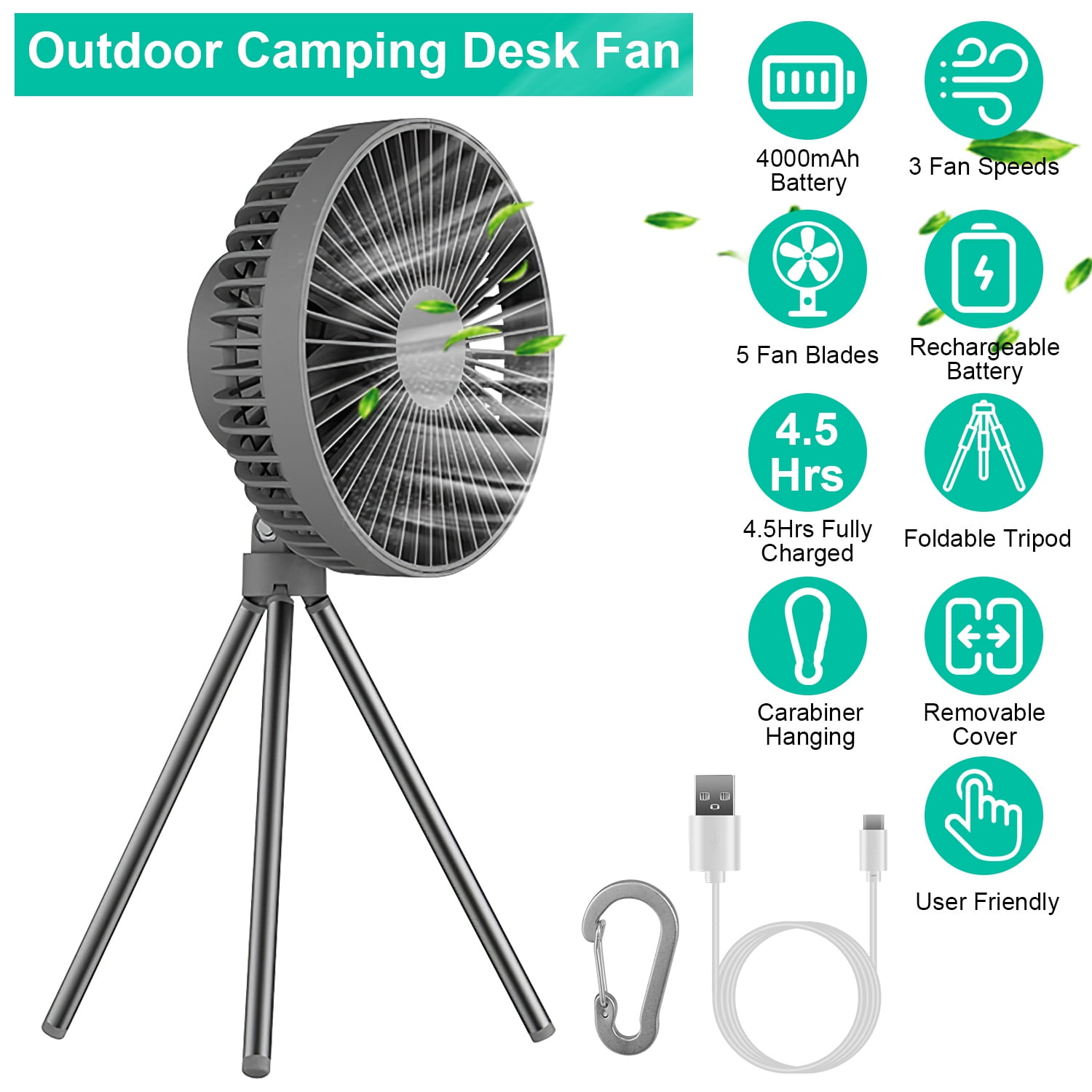 Portable Camping Fan, TeqHome Rechargeable Battery Powered with Ultra ...