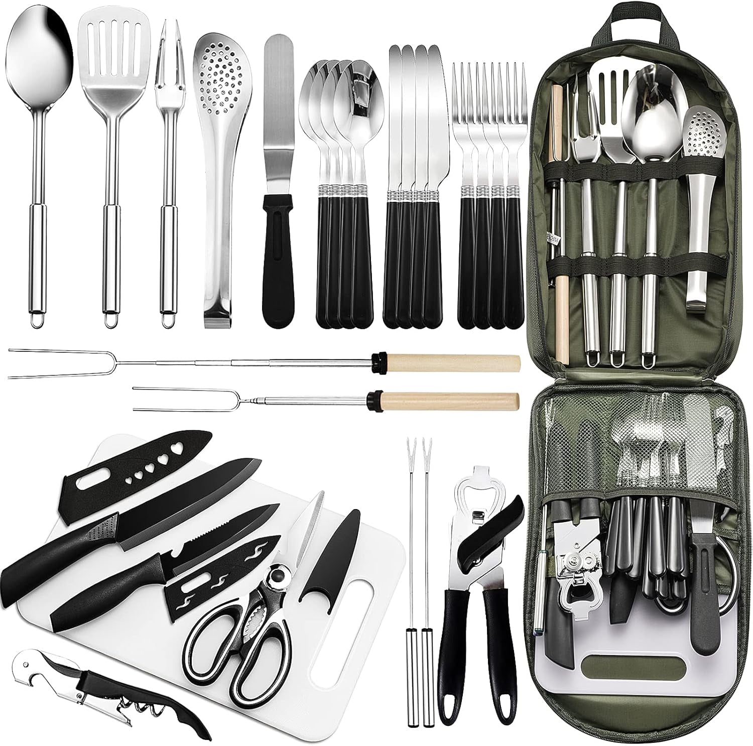 Portable Camping Kitchen Utensil Set-27 Piece Cookware Kit, Stainless ...