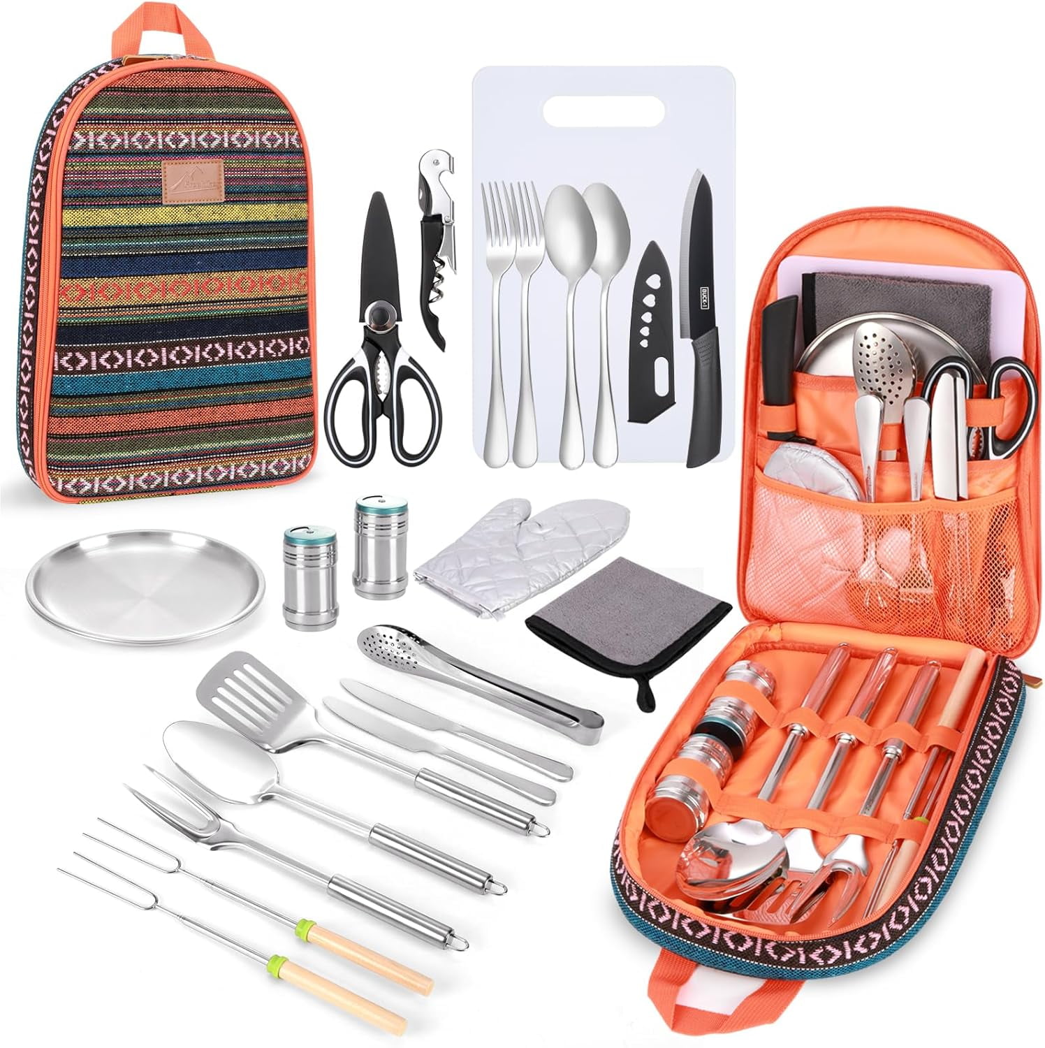 Portable Camping Kitchen Utensil Set-27 Piece Cookware Kit, Stainless ...