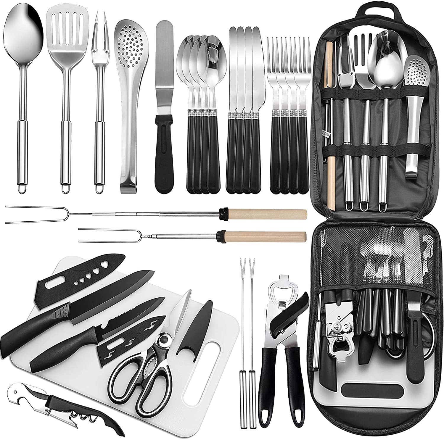 Portable Camping Kitchen Utensil Set-27 Piece Cookware Kit, Stainless ...