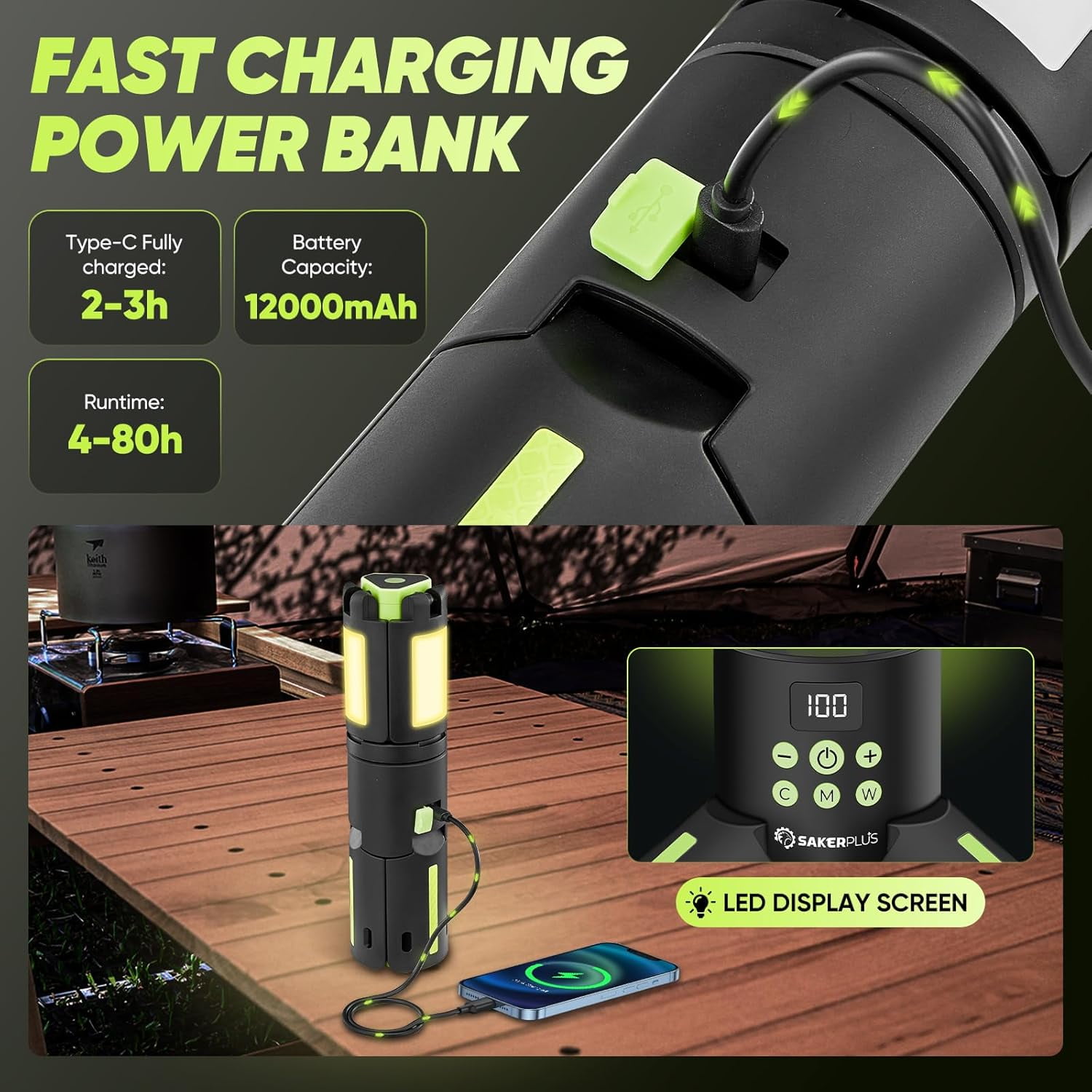 Portable Camping Lights with Stand, 5000LM Rechargeable LED Flashlight ...