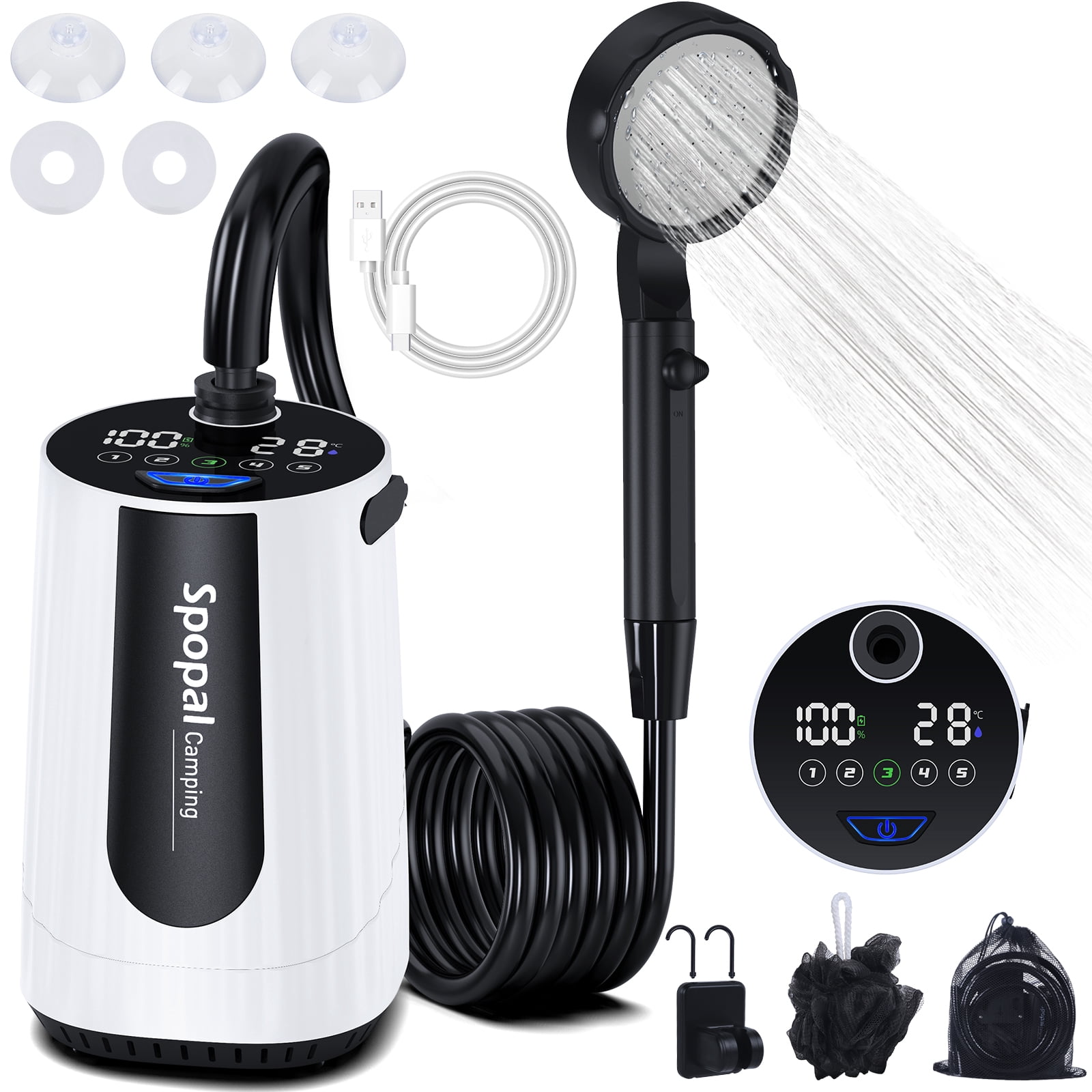 Portable Camping Shower - 10000mAh Rechargeable, 5-Speed, IPX8 ...