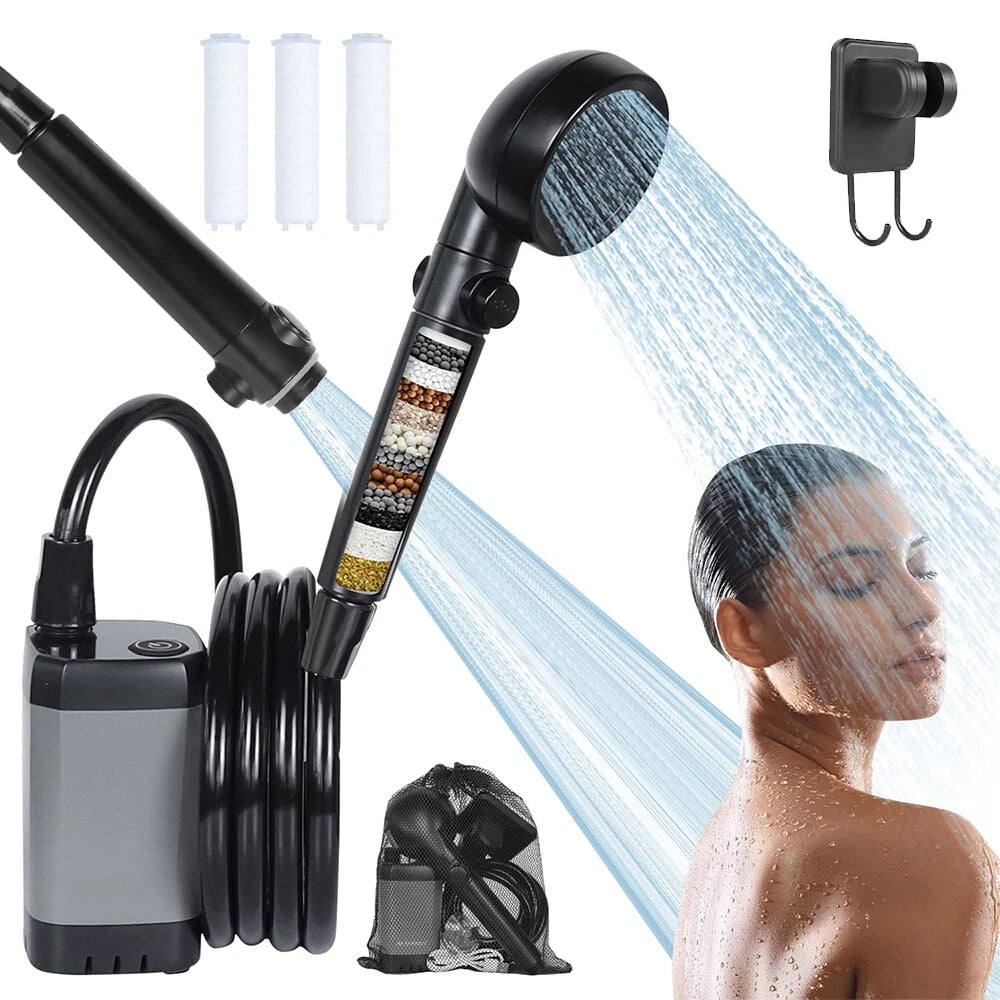 Portable Camping Shower 6000mAh Rechargeable Outdoor Camp Pump with 4 ...