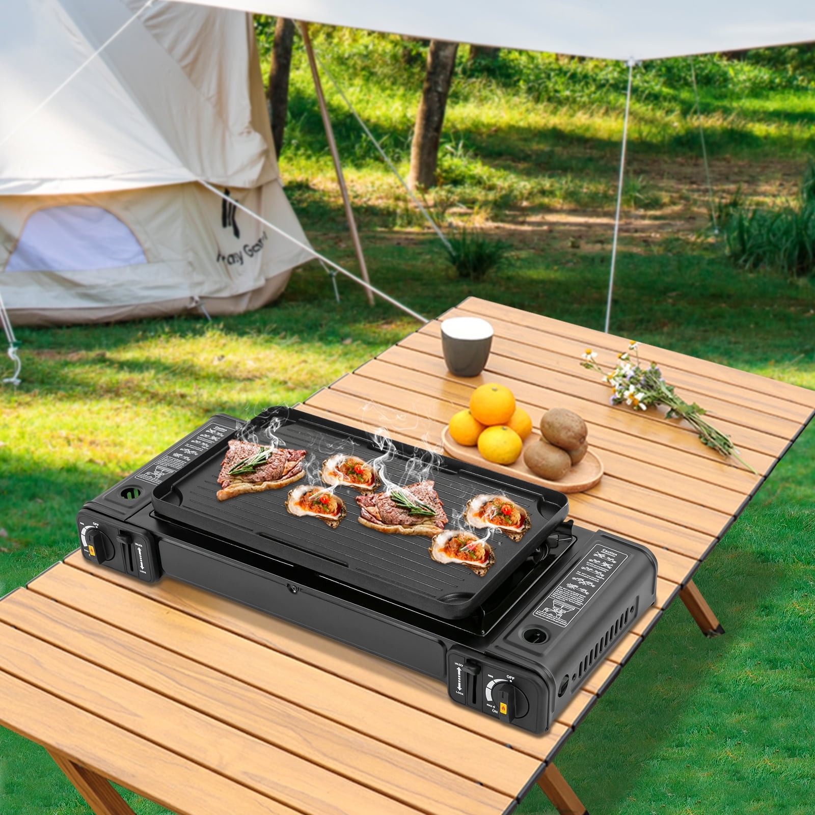 Portable Camping Stove with Grill Tray 2-Burner Gas Grill Stove Butane ...