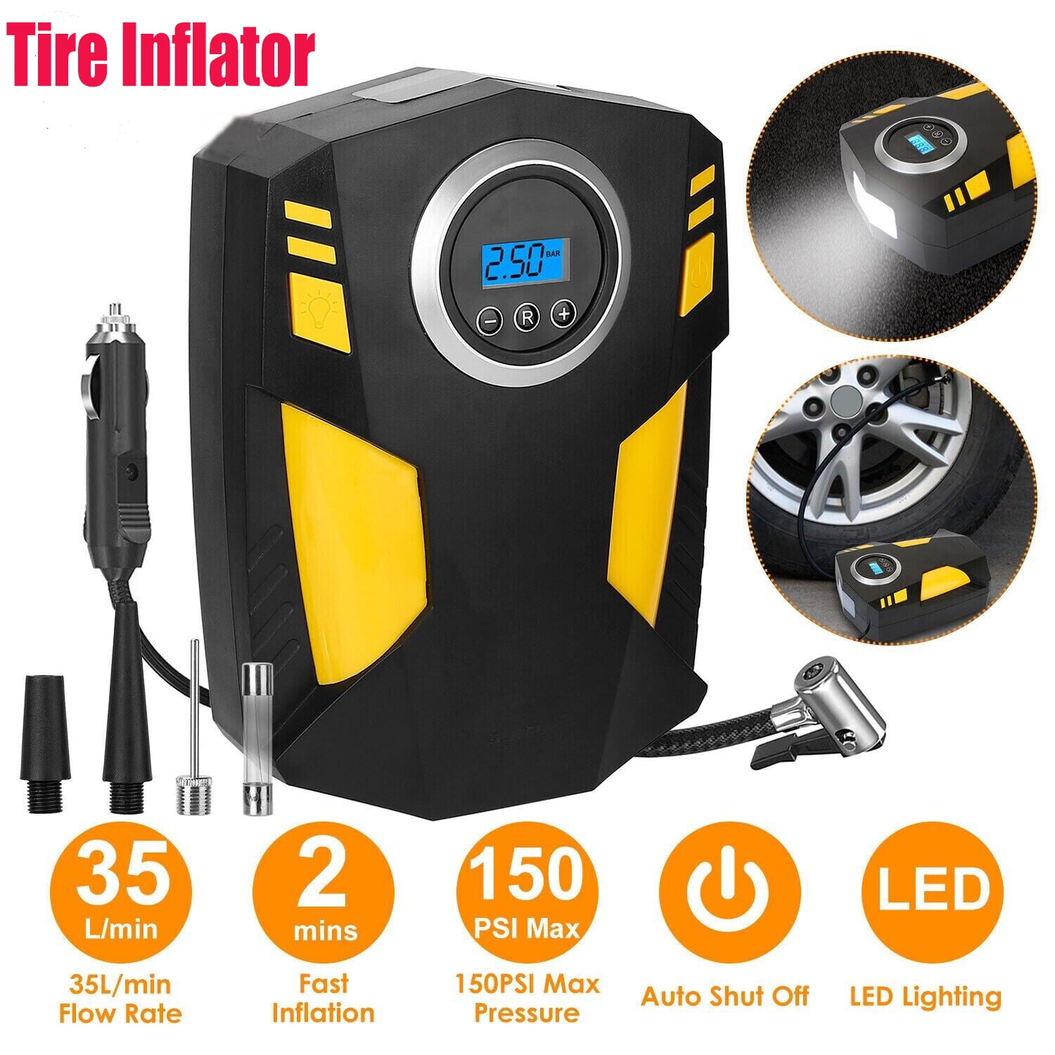 XEENSO Portable Car Tire Pump Inflator, Digital 12V Air Compressor ...