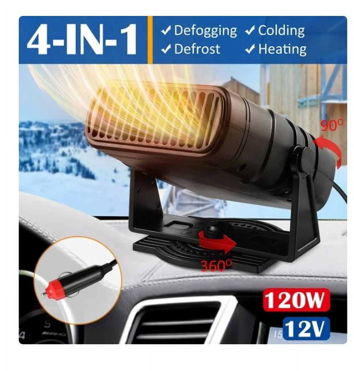 Portable Car Heater Fan, 120W DC12V, 2 in 1, 360° Adjustable Thermostat ...