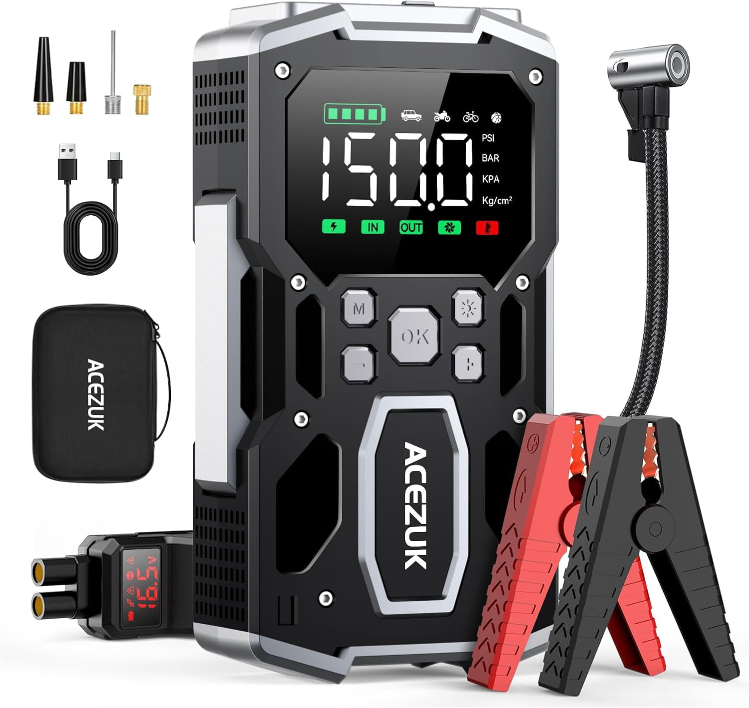 Portable Car Jump Starter with Air Compressor, 150PSI 8000A Jump ...
