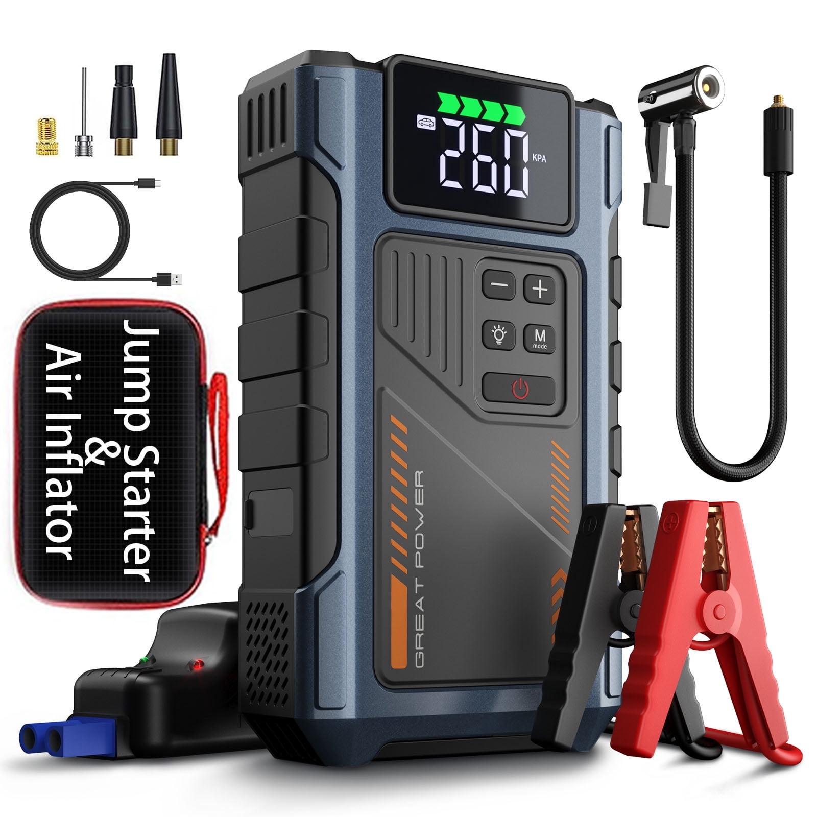 Portable Car Jump Starter With Air Compressor, 3000A Peak(7.5L Gas, 6 ...