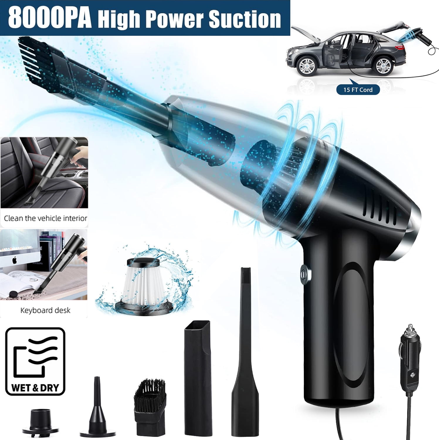 Portable Car Vacuum Cleaner, High Power 8000PA Suction, 15Ft Corded ...