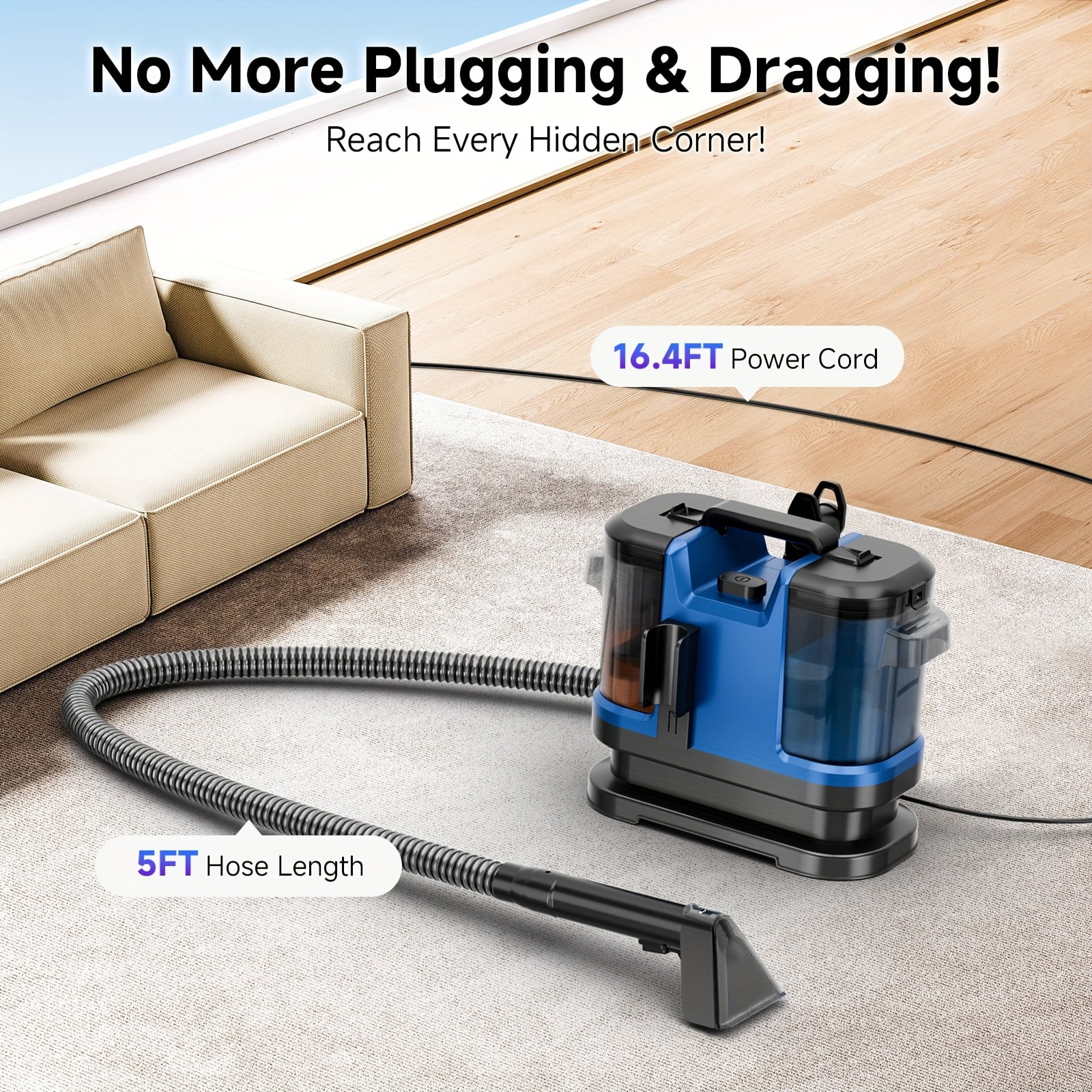 Portable Carpet Cleaner 25Kpa Powerful Suction - Corded 4-Hour Runtime ...