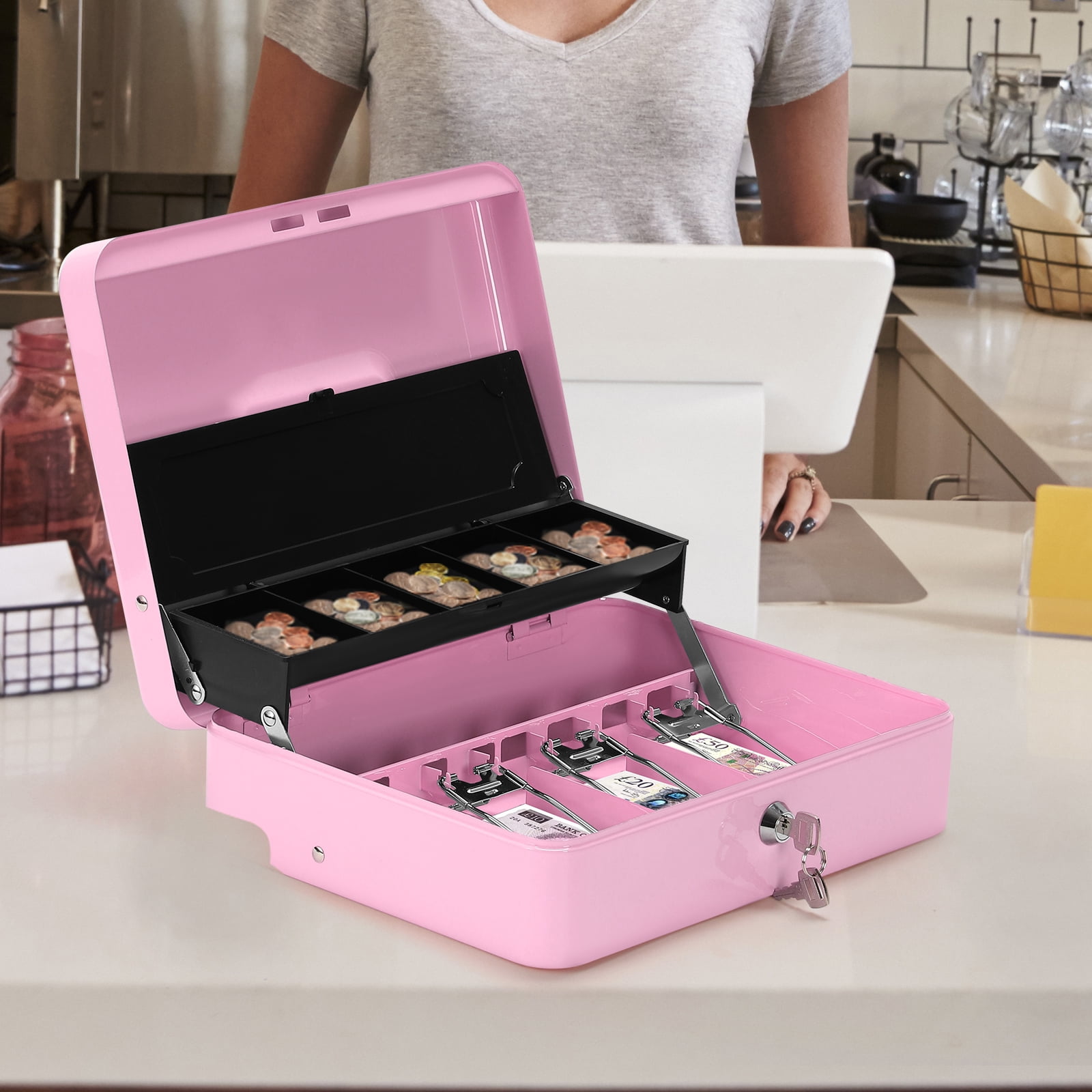 Portable Cash Drawer Box Deposit with 5 Coin Tray Cover, 3.46 in x 11.8 ...