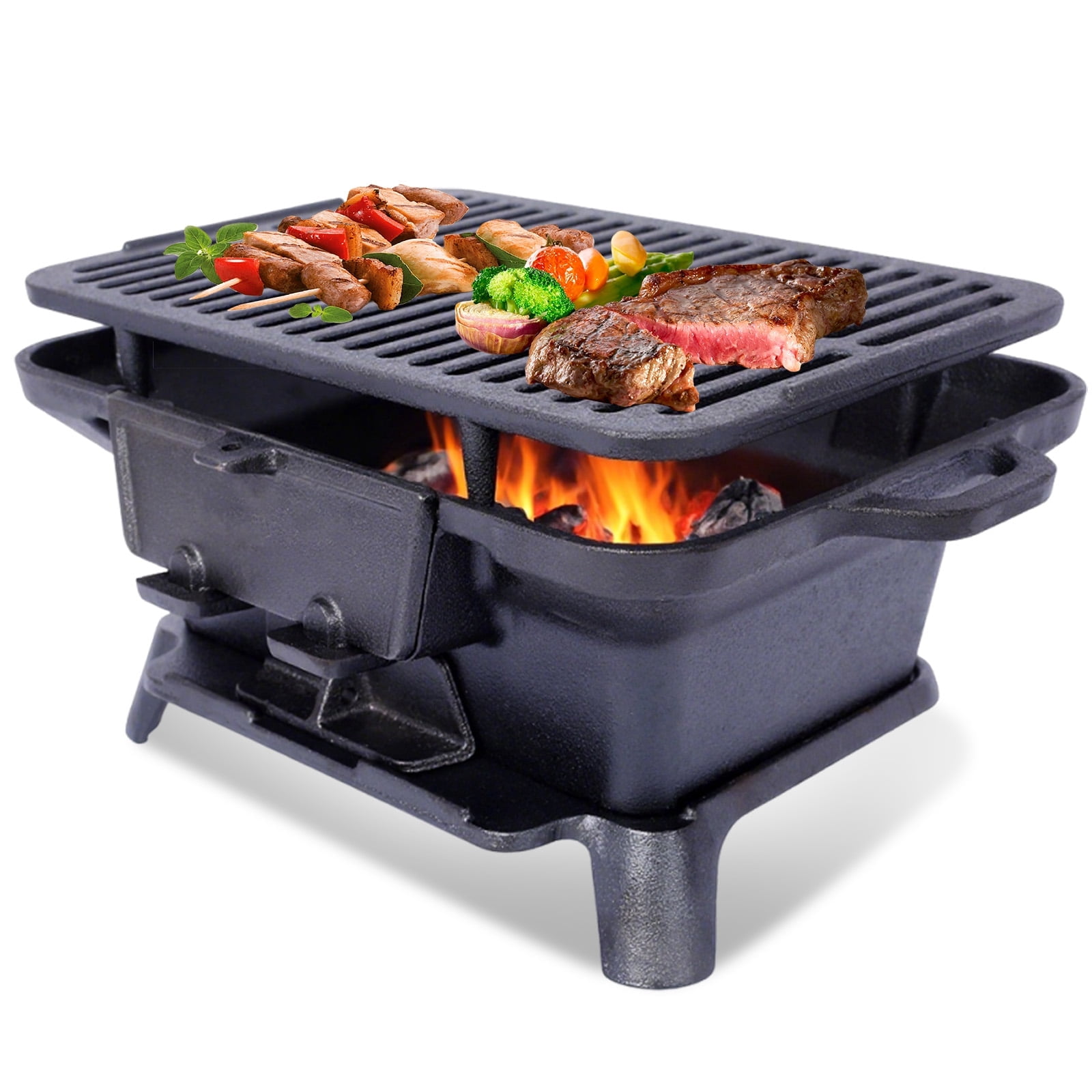 Portable 16-Inch Charcoal Tabletop Grill, Pre-Seasoned with Double ...