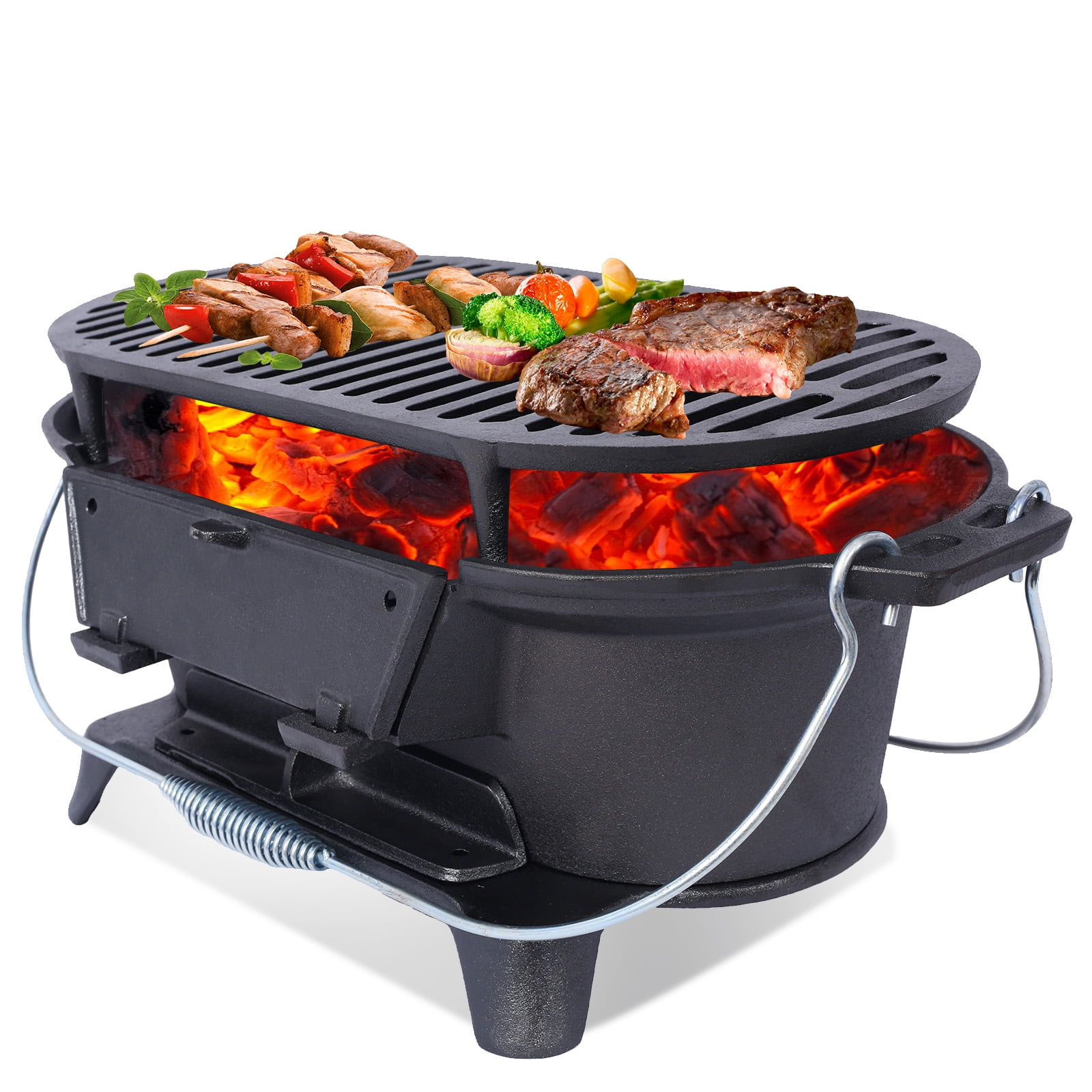 Portable Cast Iron Hibachi Grill - Pre-Seasoned Charcoal Grills, Double ...