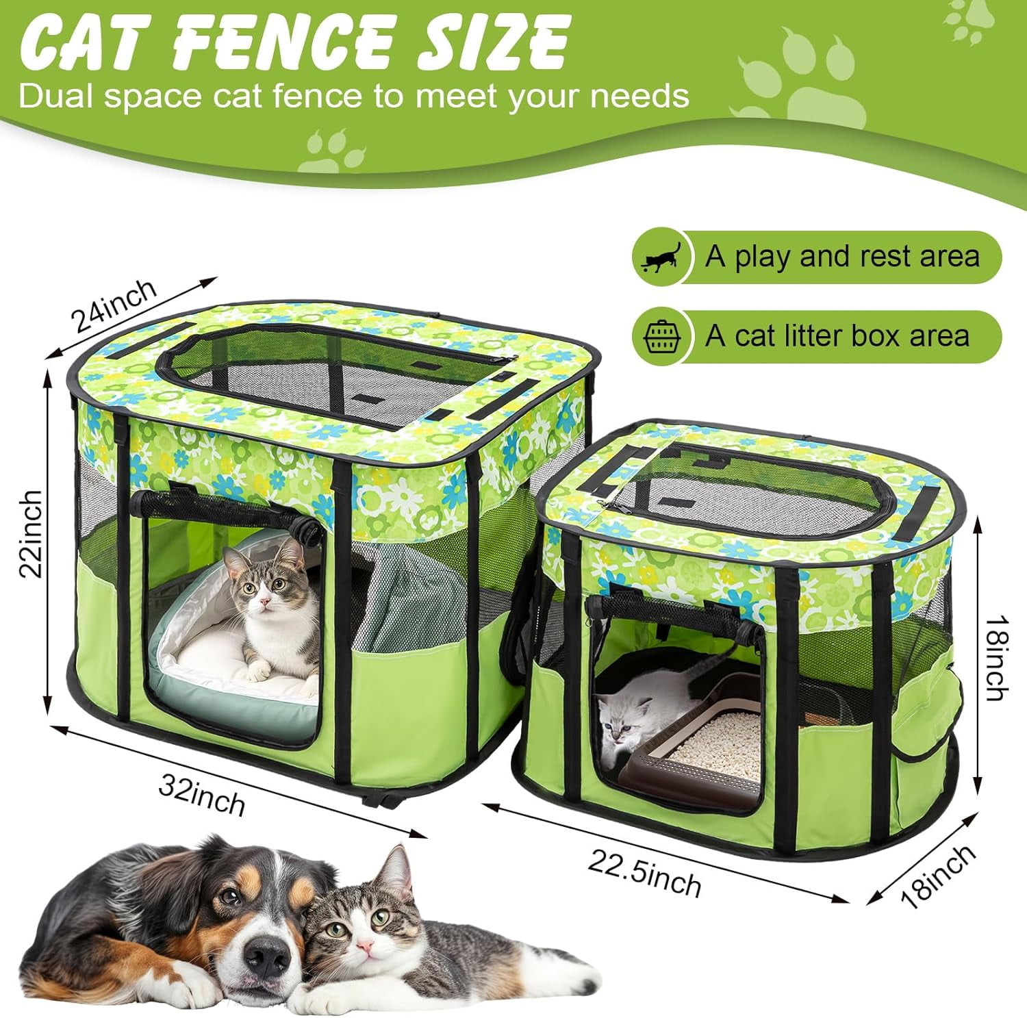 Portable Cat Playpen with Separate Areas, Foldable Indoor Outdoor Cat ...